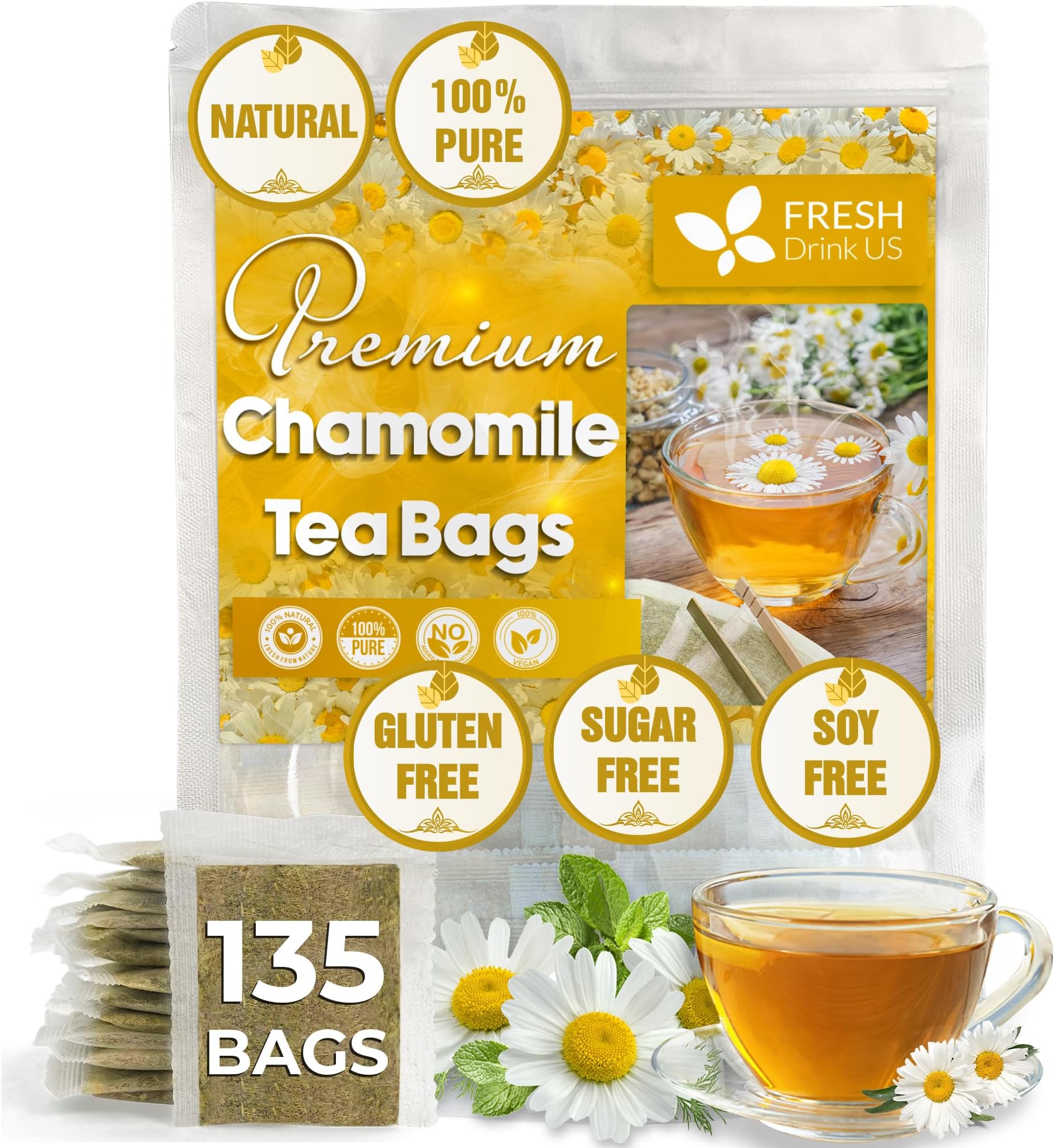 Amazon.com: FRESHDRINKUS, Premium 135 Chamomile Tea Bags, 100% Natural ...