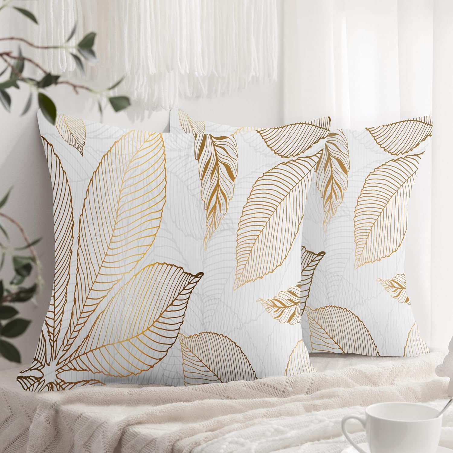 XPHZZL Pudebetræk, sæt af 2, 40 x 40 cm, blødt gyldent bladmønster ...
