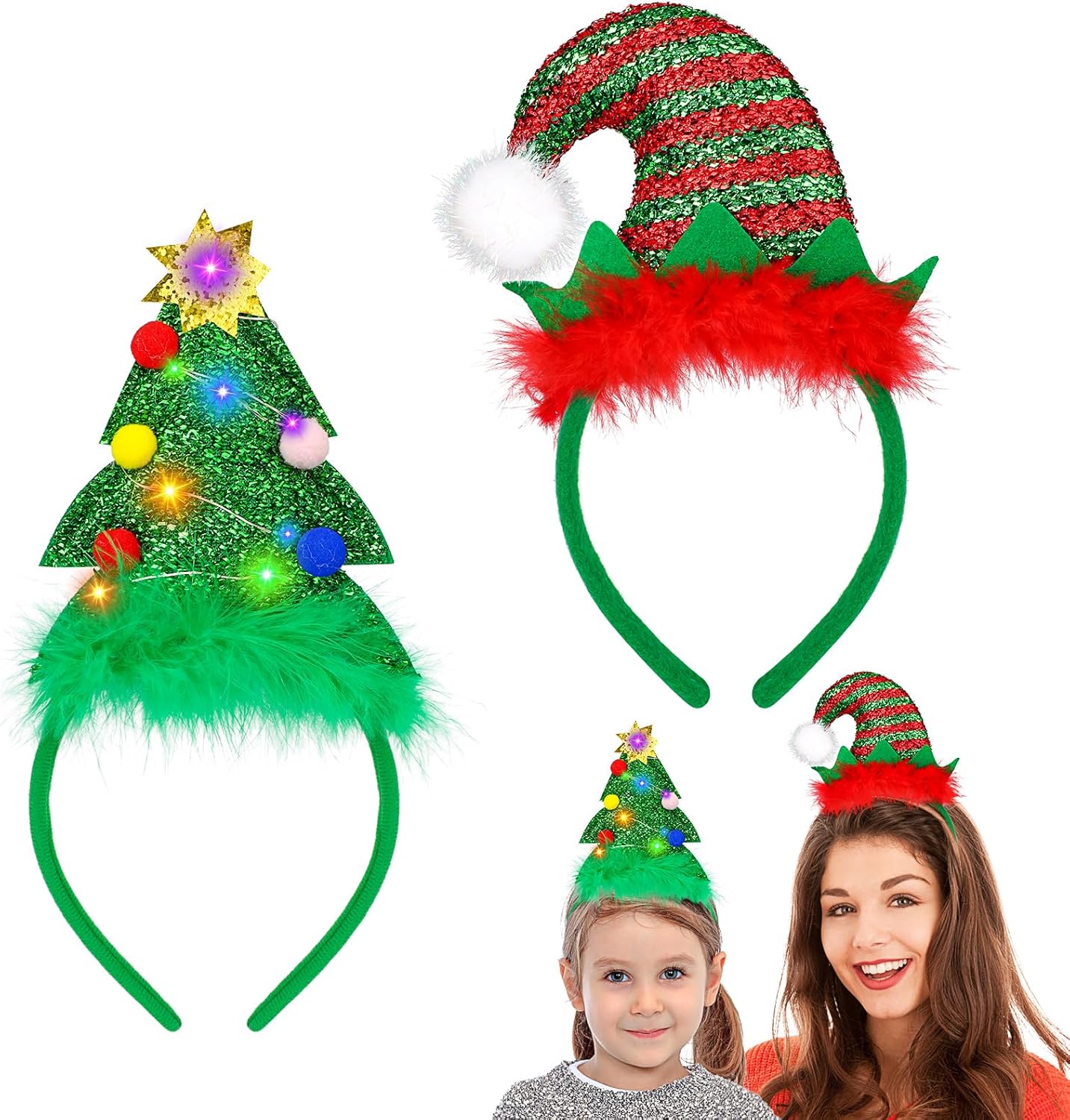 2 Pack LED Christmas Headbands for Adults Kids,Light up Christmas Elf ...