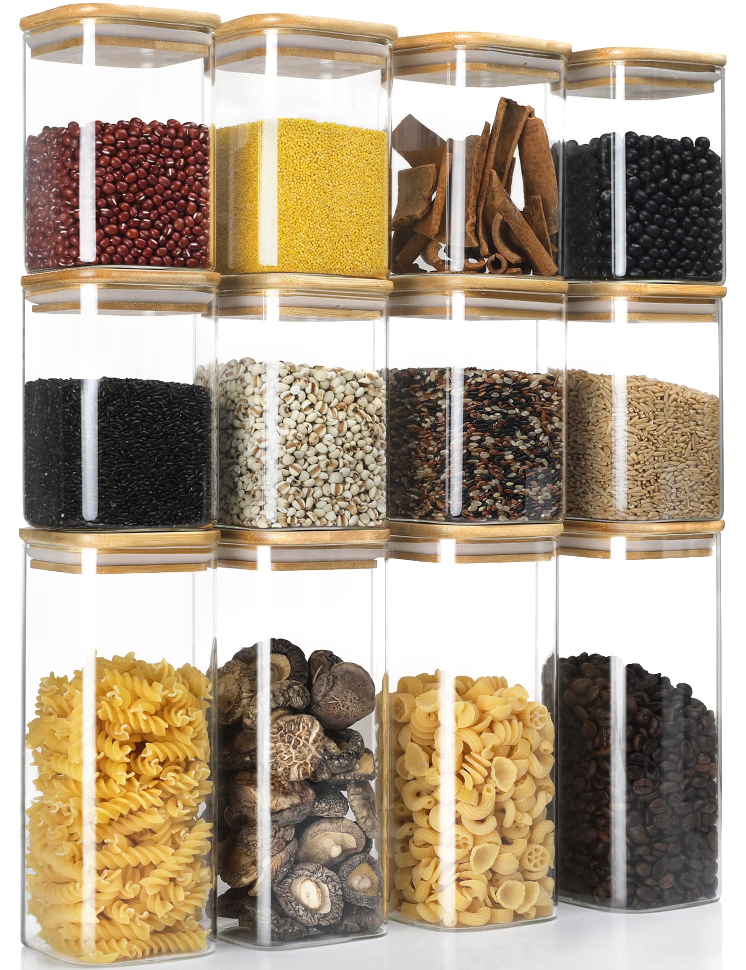LIBWYS Square Pantry Glass Storage Jars with Bamboo Lids Set of 12 ...