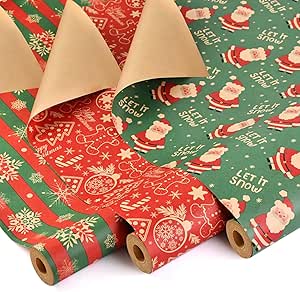 AhfuLife 3 Rolls Christmas Wrapping Paper for Gift, 43cm x 10M Xmas ...