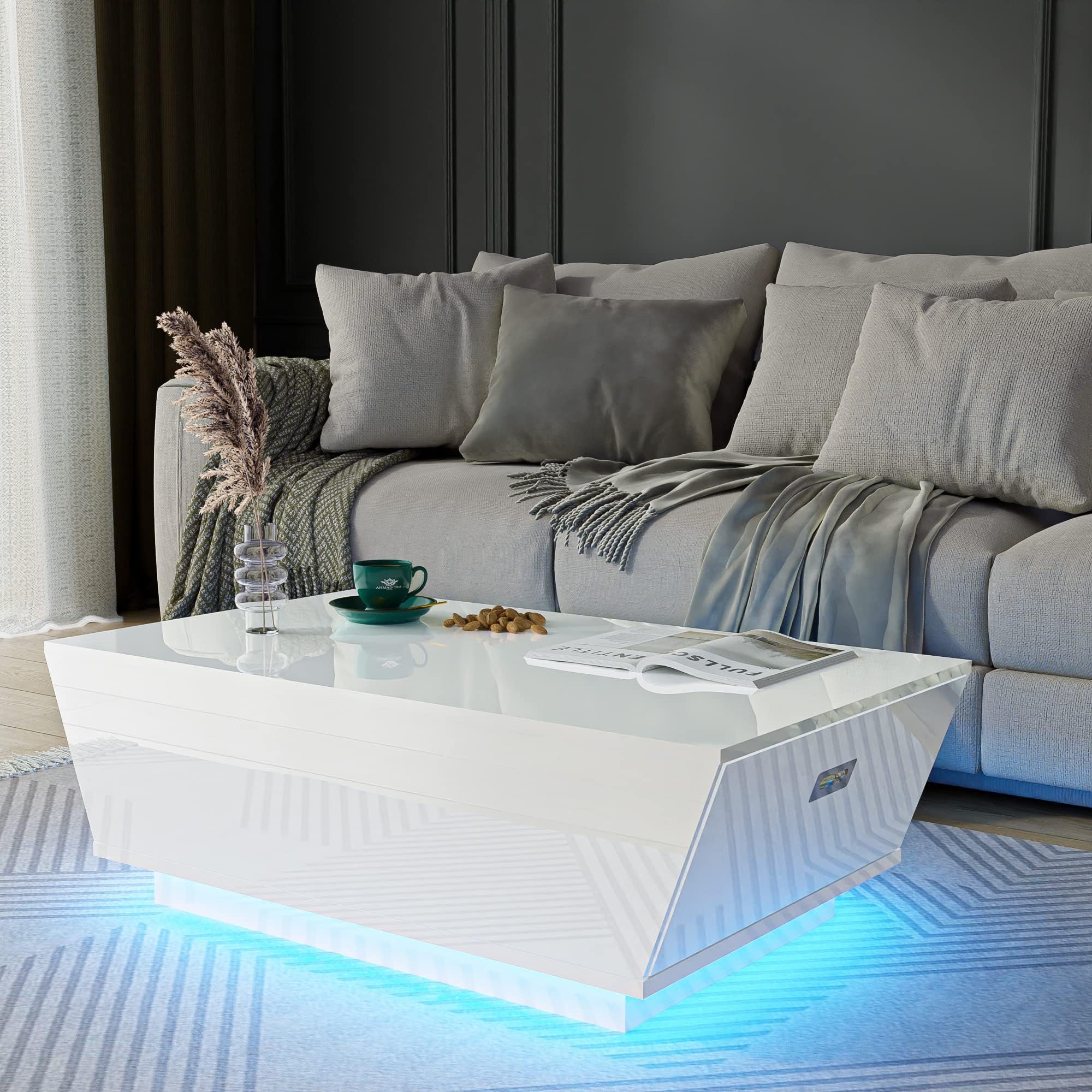 Amazon.com: White Coffee Table Square with LED Lights, 2 Tier LED ...