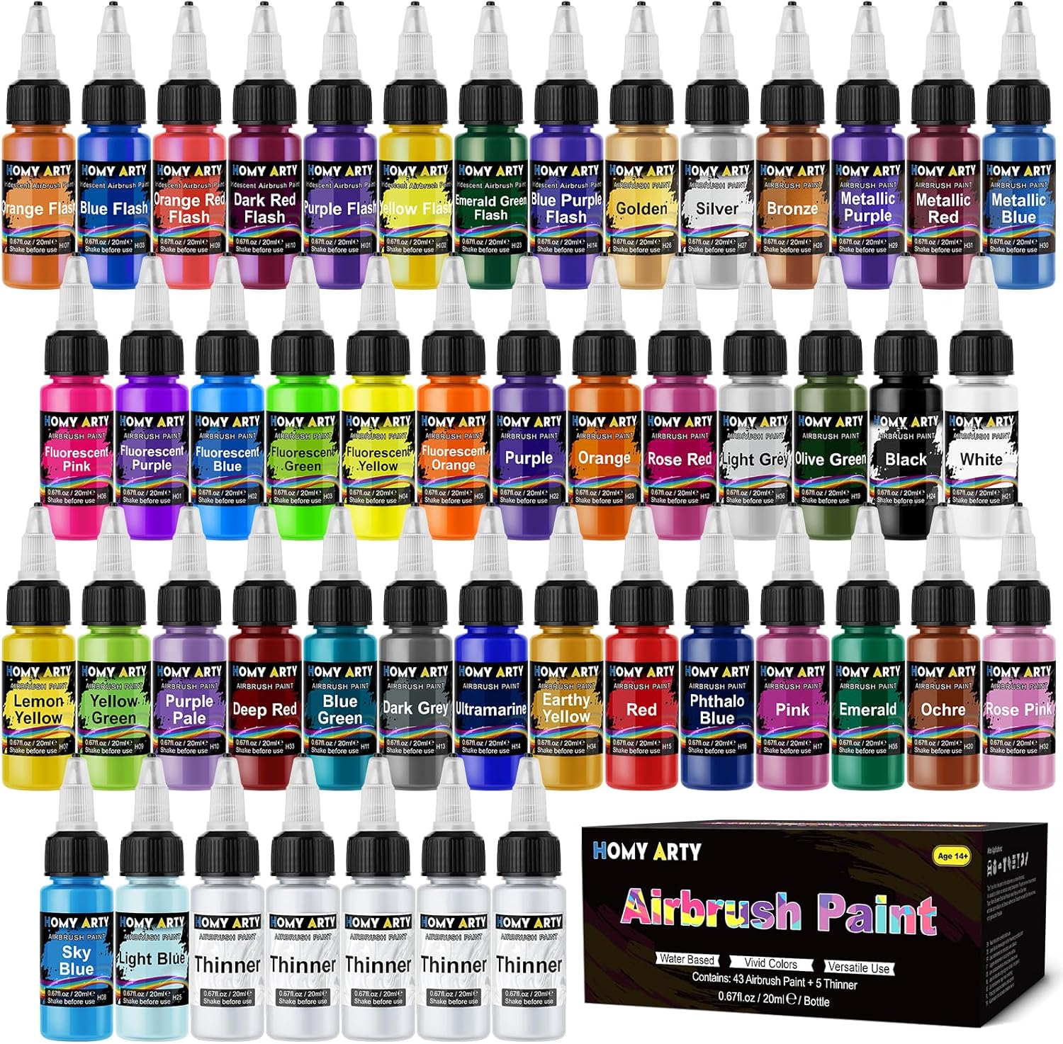 HOMY ARTY Airbrush Paint - 43 Colors with 5 Thinner, Ready to Spray Airbrush Paint Set, Water ...