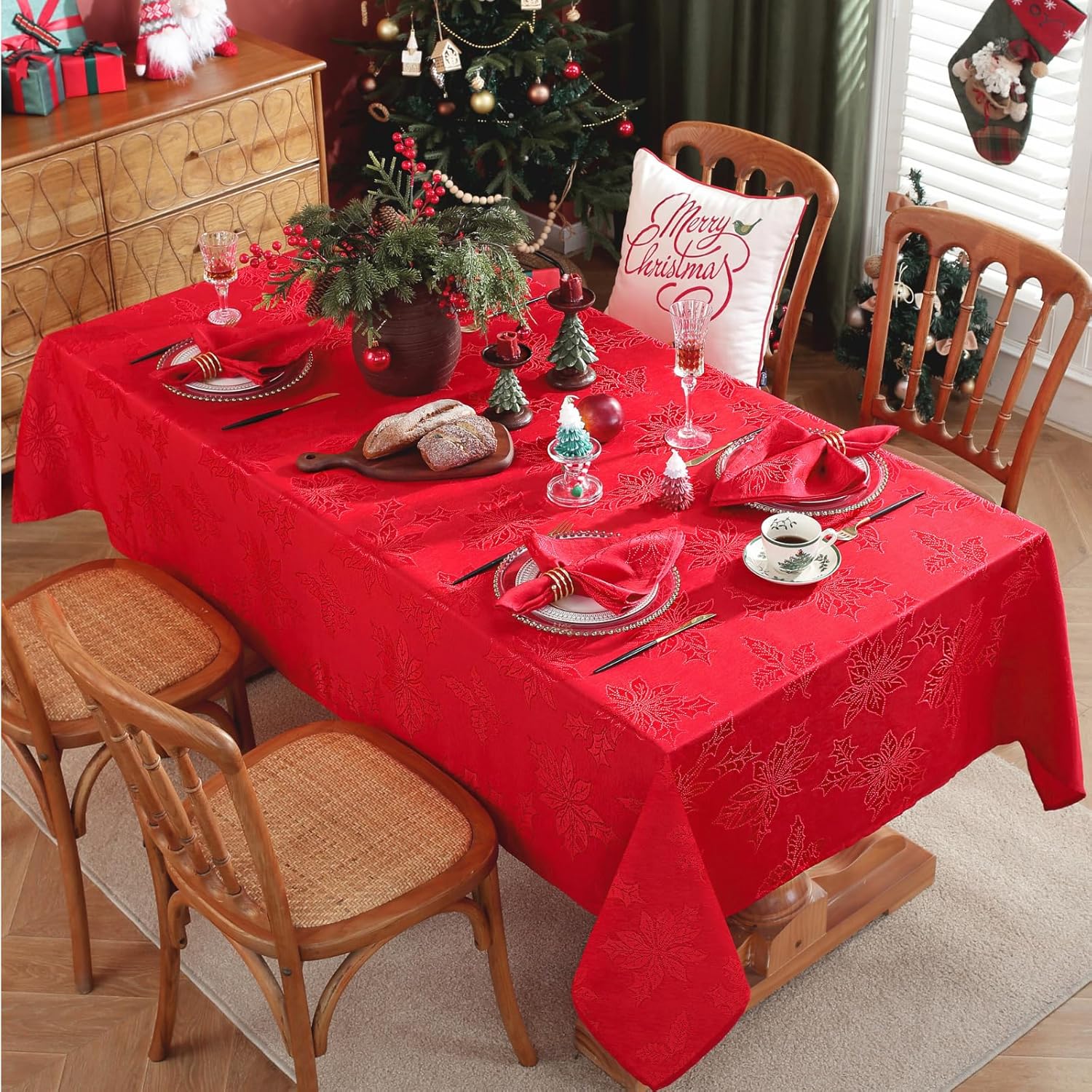 Amazon.com: Honellaty Christmas Poinsettia Tablecloth Rectangle, 60 x ...