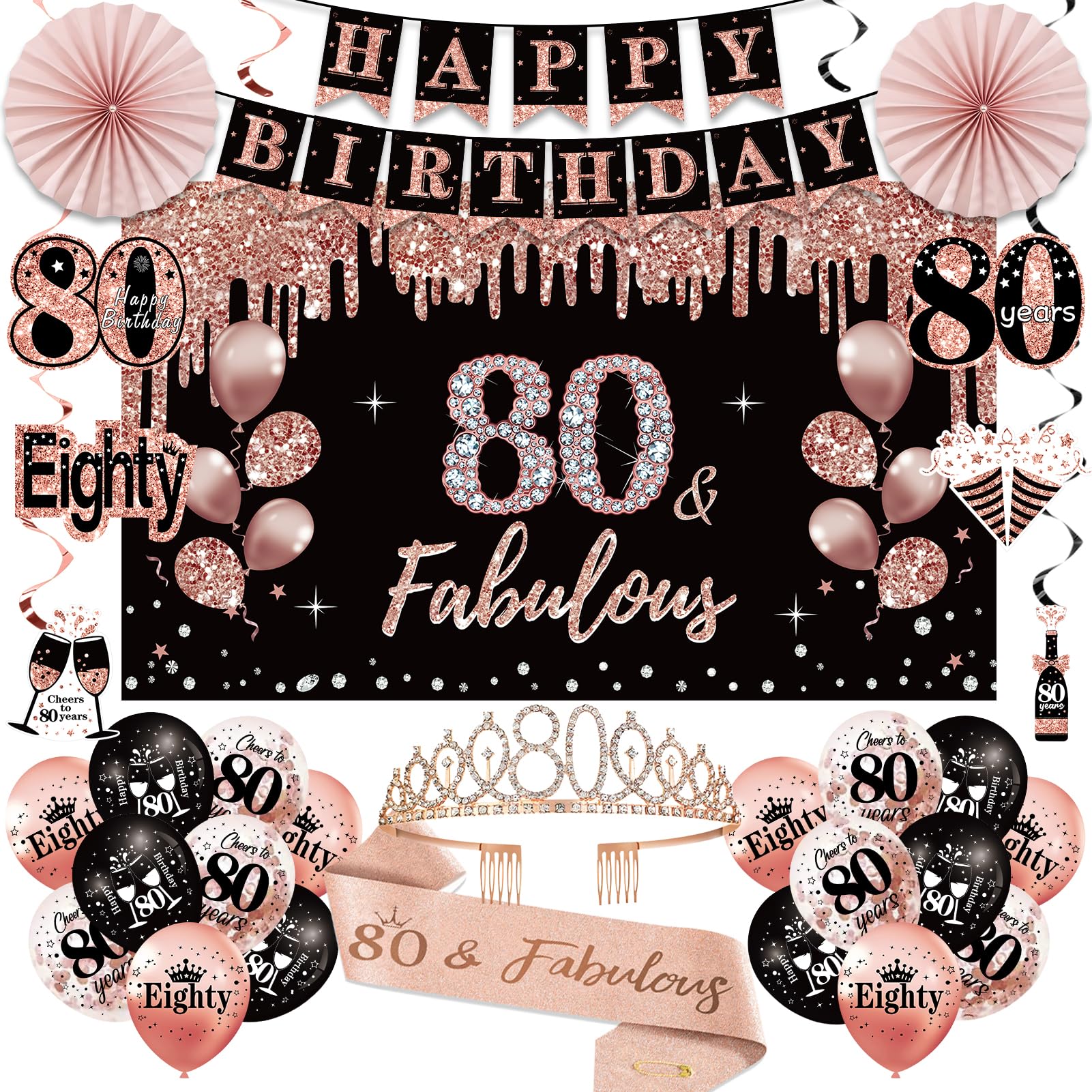 Amazon.com: 80th Birthday Decorations for Women, 33pcs 80th Birthday ...