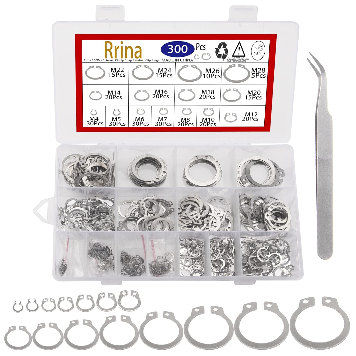Rrina 300Pcs 304 Stainless Steel External Retaining Clamps Ring Washer ...