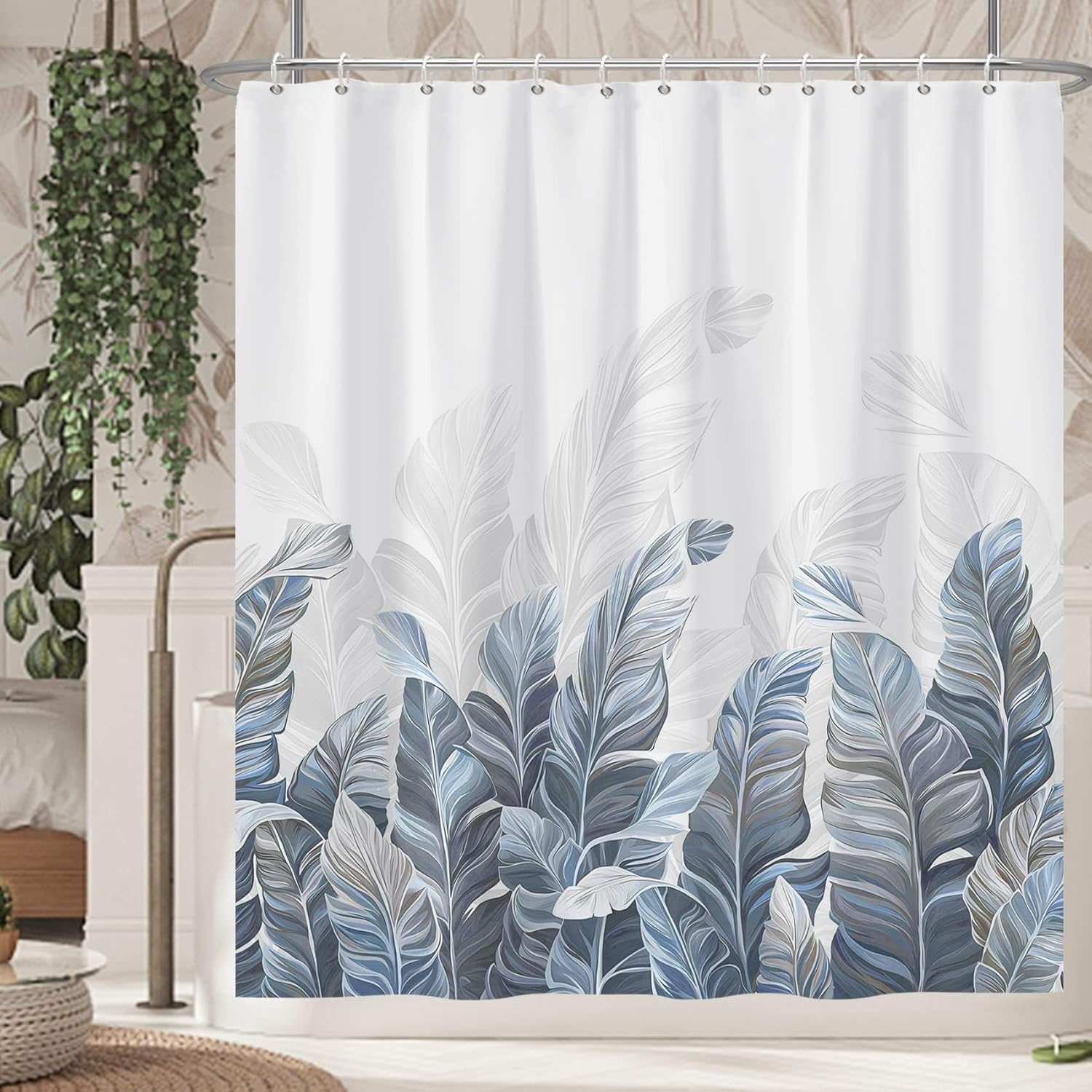 Amazon.com: Ttincceer Blue Leaves Shower Curtain, Modern Plants Floral ...