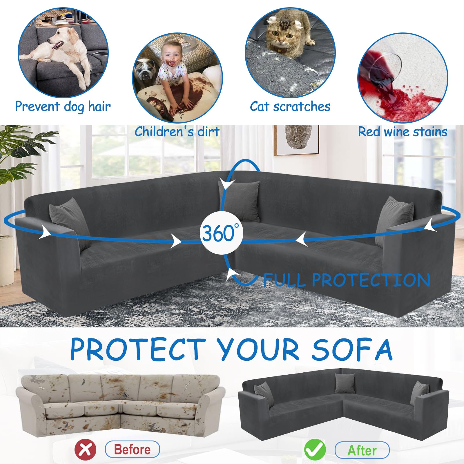 HDCAXKJ Velvet Corner Sectional Couch Covers L Shape Sofa Cover Magic ...