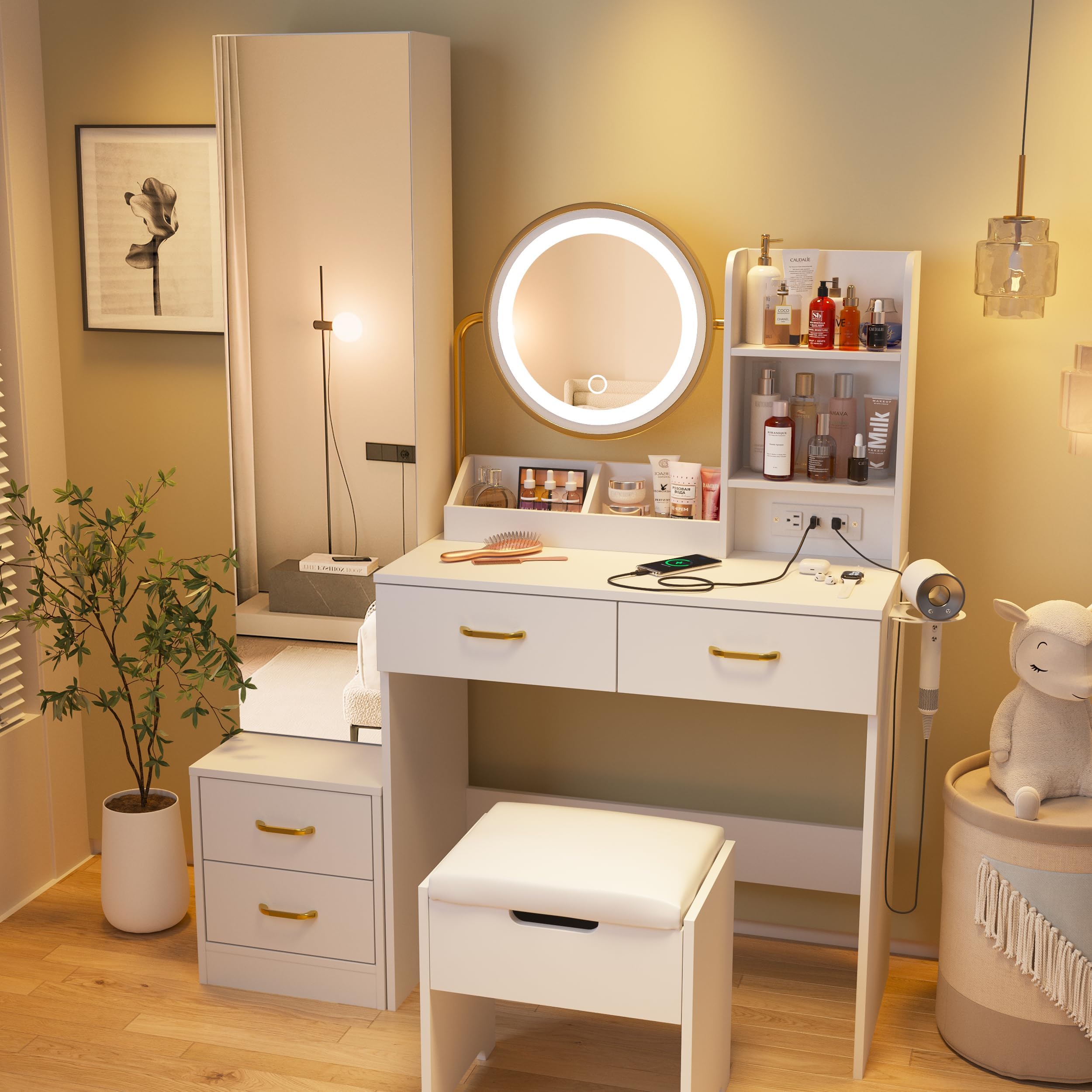 Amazon.com: Vabches Vanity Desk Vanity Mirror Makeup Desk with Lights ...