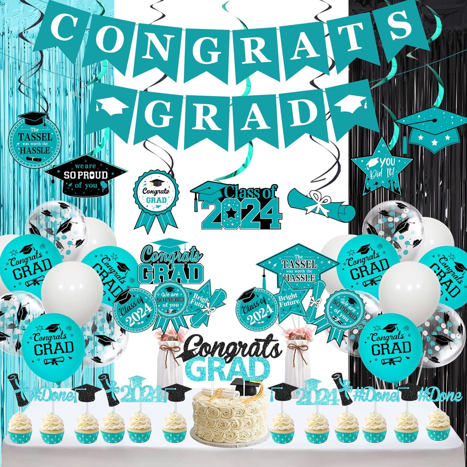 Amazon.com: JOYMEMO Graduation Party Decorations 2024 Teal, Congrats ...