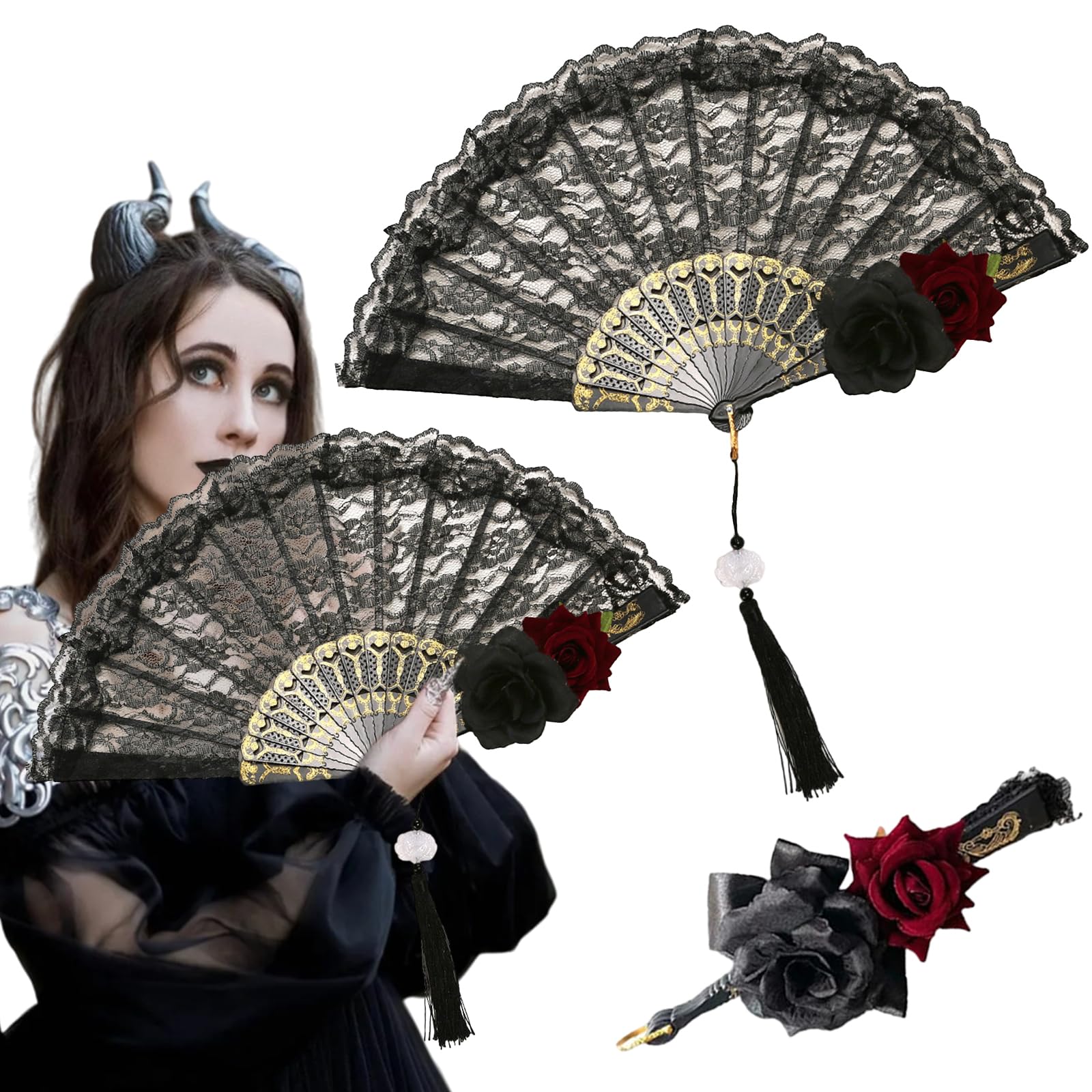 Amazon.com: Black Lace Rose Foldable Handheld Fan Gothic Retro Lace ...