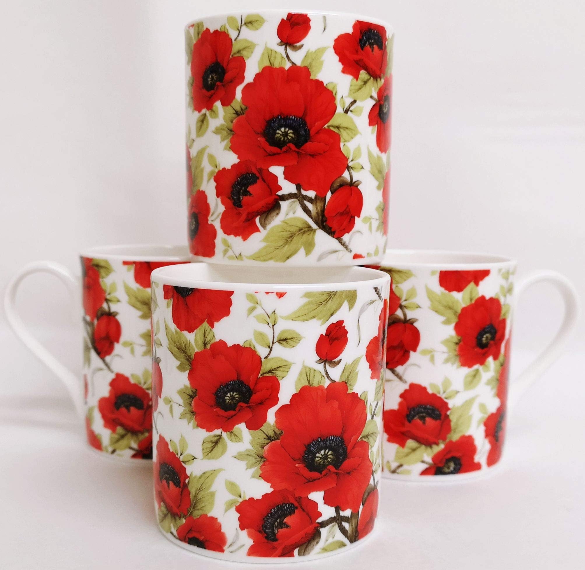FINE Bone China RED Poppy Set of 6 Mugs Postage Free in UK : Amazon.co ...