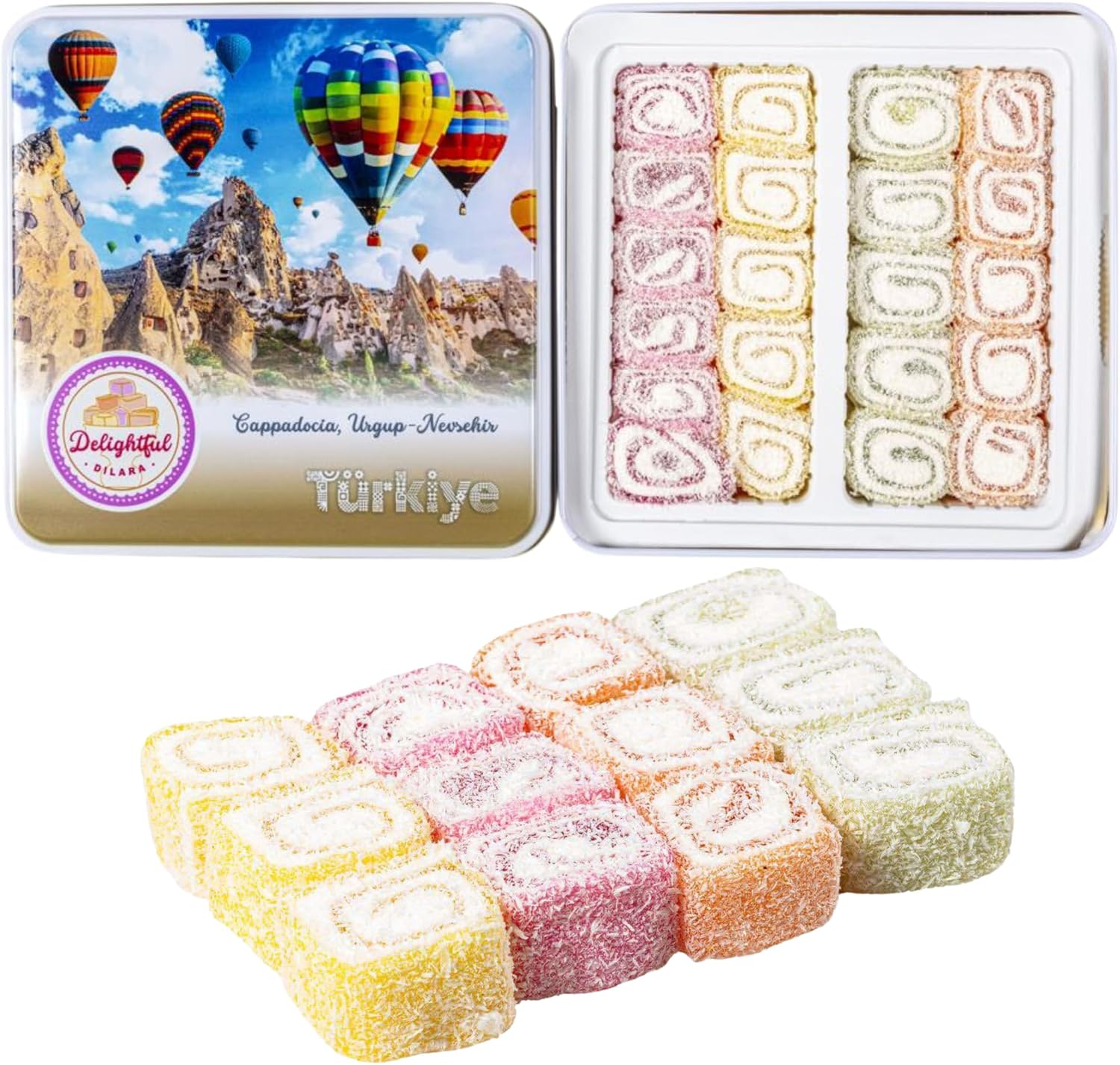 Delightful Dilara Rolled Turkish Delight Gift Box Fruit 500g Tin Tubs ...