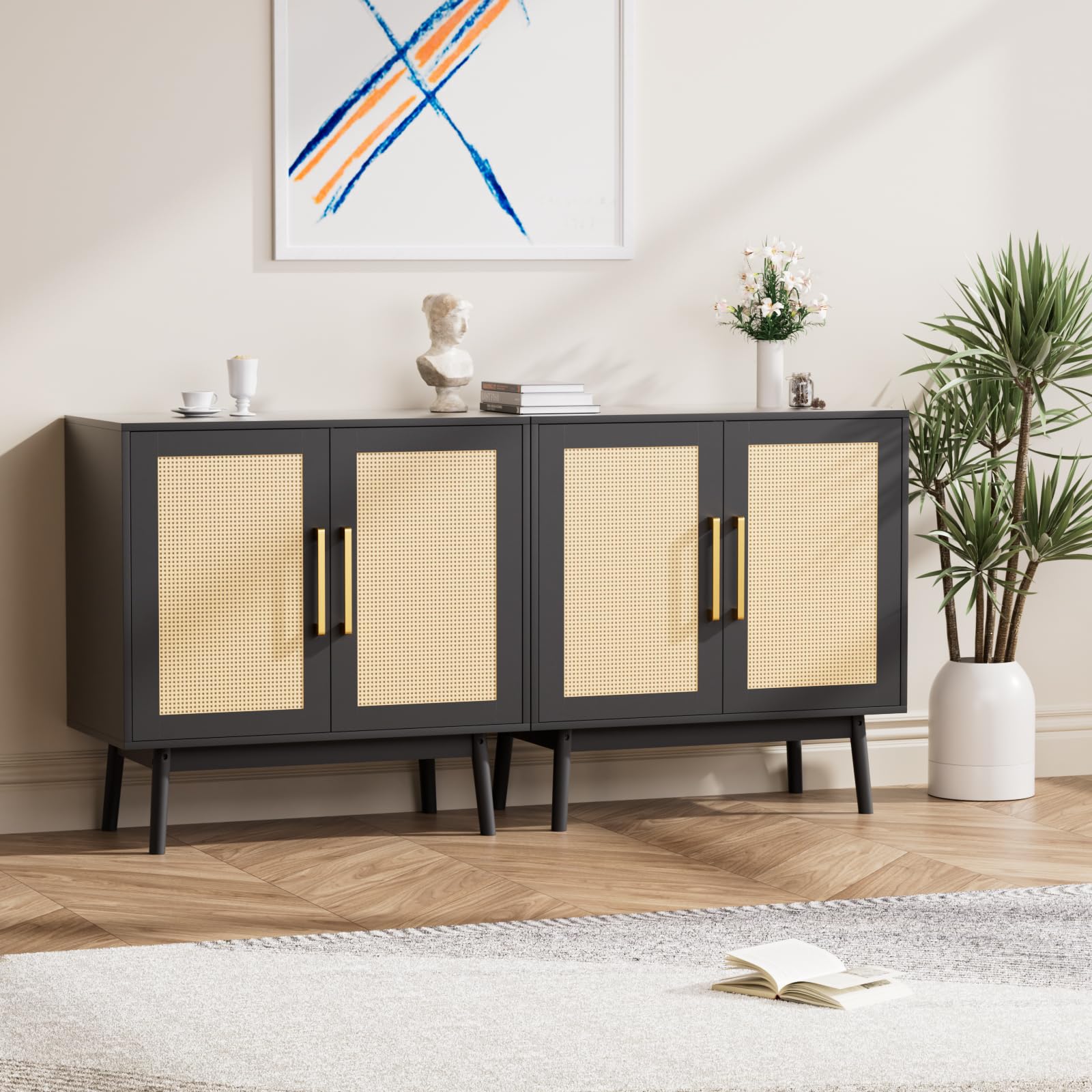 Set of 2 Modern Storage Cabinet with Natural Rattan Doors & Adjustable ...