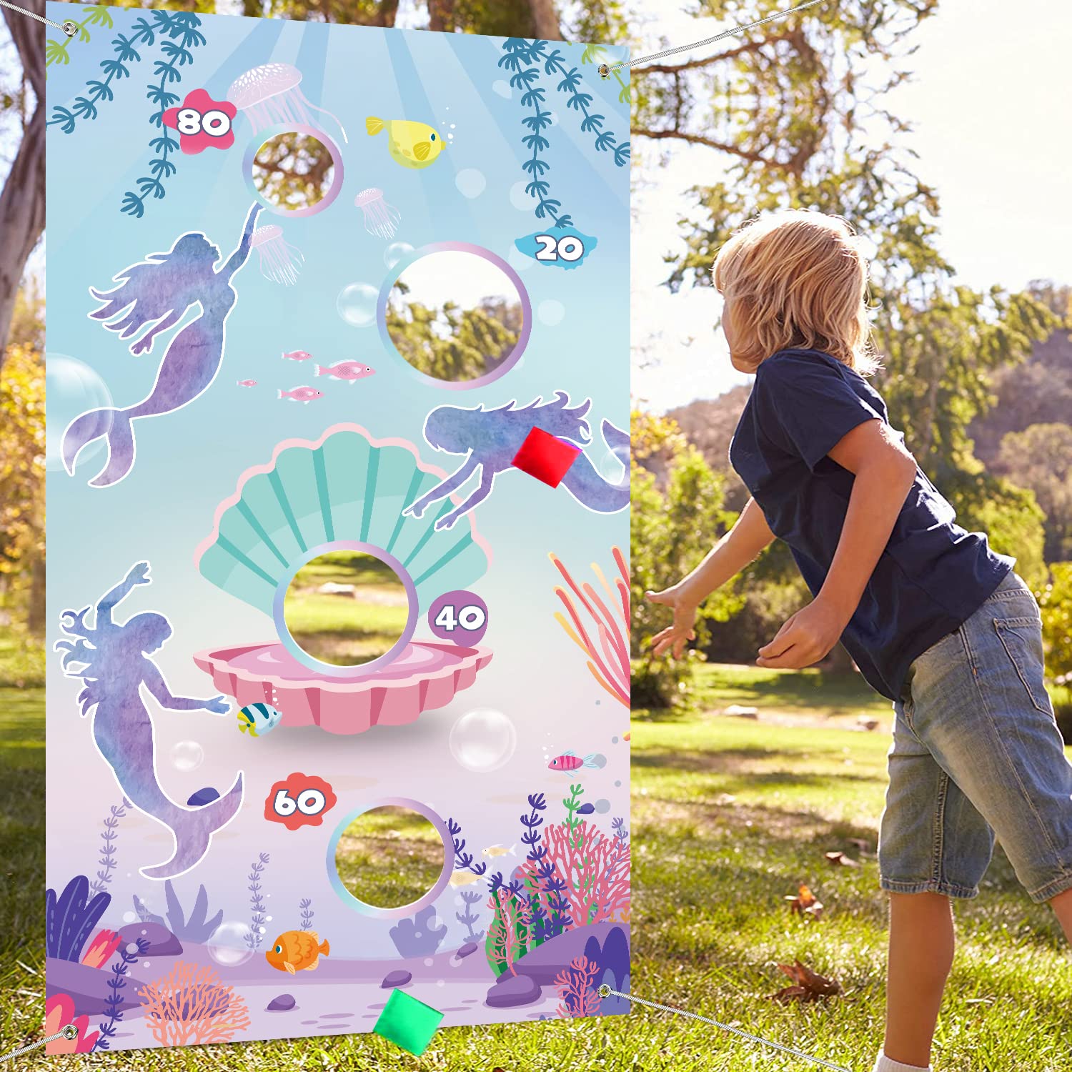 Mermaid Toss Games Banner with 4 Bean Bags, Outdoor Games Combo Set ...