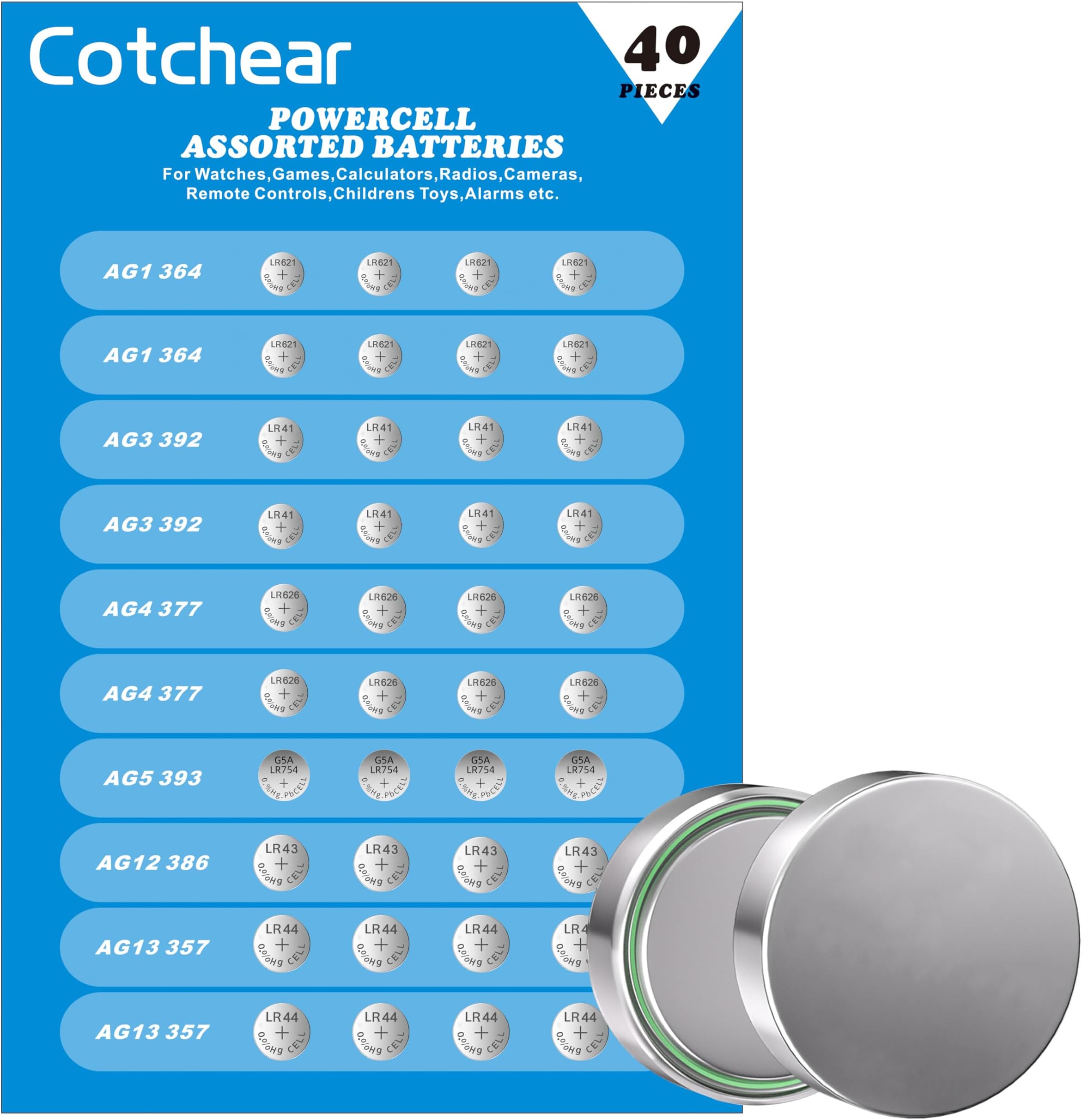 Amazon.com: Cotchear 40pcs Alkaline Cell Batteries Assorted 1.5 Volt ...