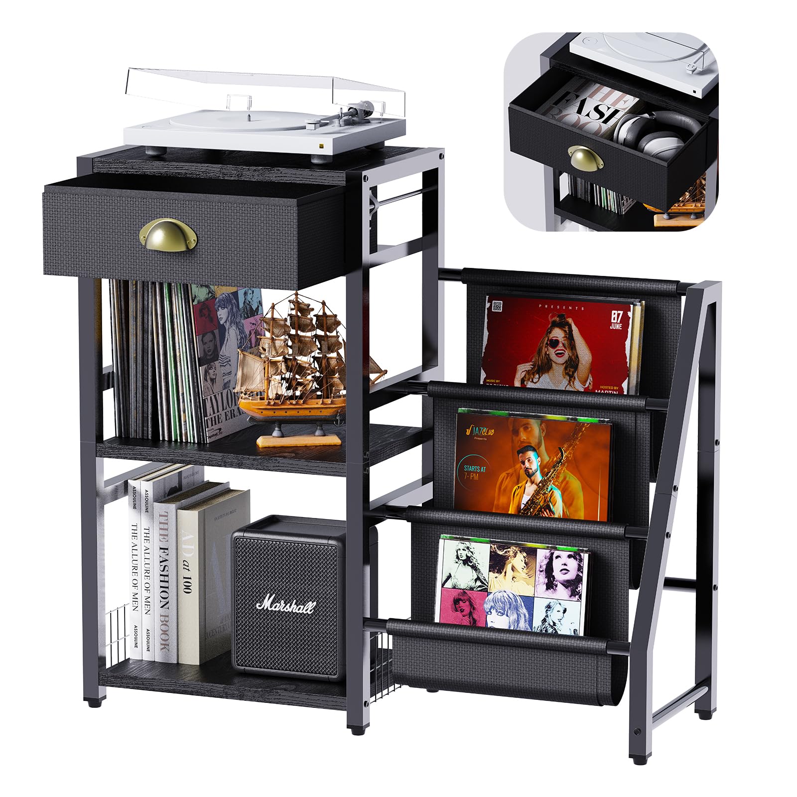 Buy runjuly Record Player Stand, 3-Tier Record Player Stand with Vinyl ...