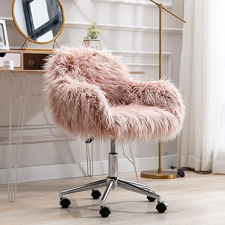 Amazon.com: Recaceik Faux Fur Vanity Chair, Pink Arm Chrome Base Office ...