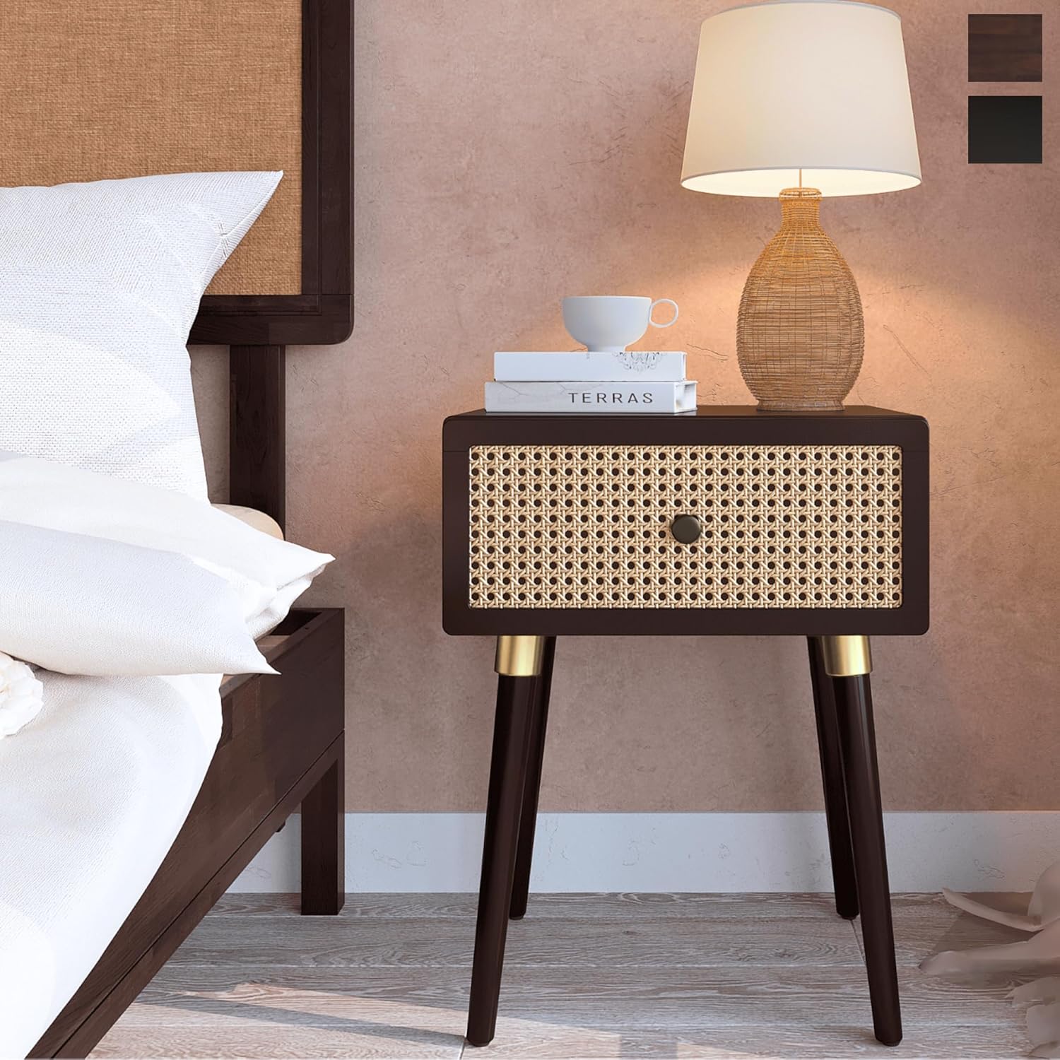 Amazon.com: Bme Nipe Solid Wood and Rattan Nightstand, Fully Assembled, Woven Cane End Table ...