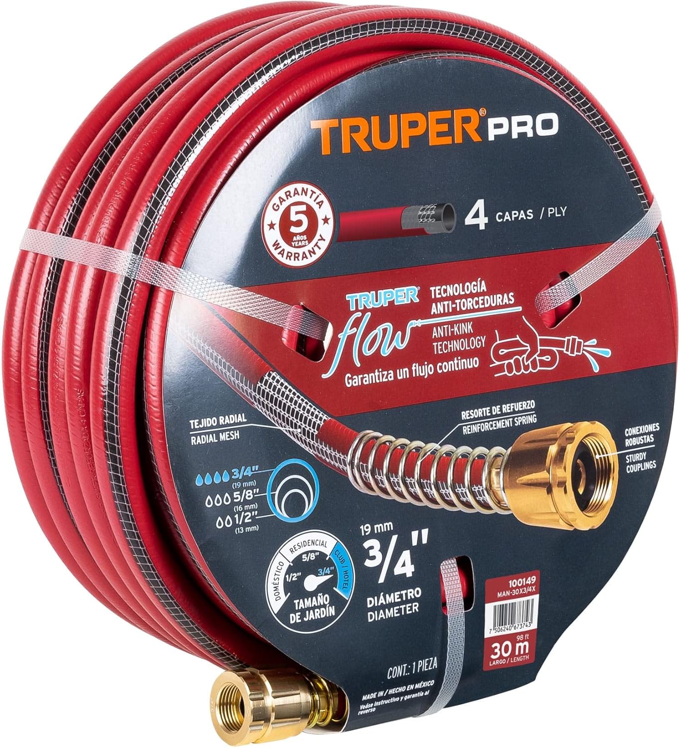 Truper MAN-30X3/4X, Manguera 3/4" super reforzada 4 capas conexiones de ...