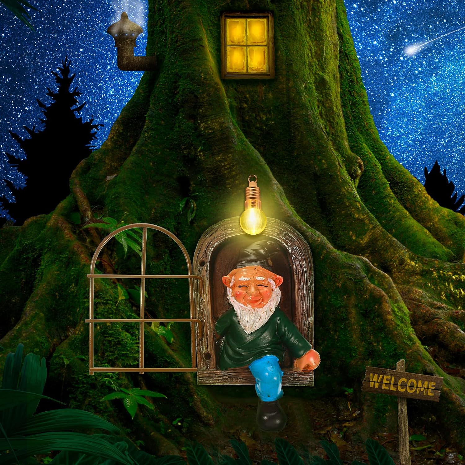 Gardening Gnome Statue Elf Out The Door Tree Hugger with Light Bulb ...