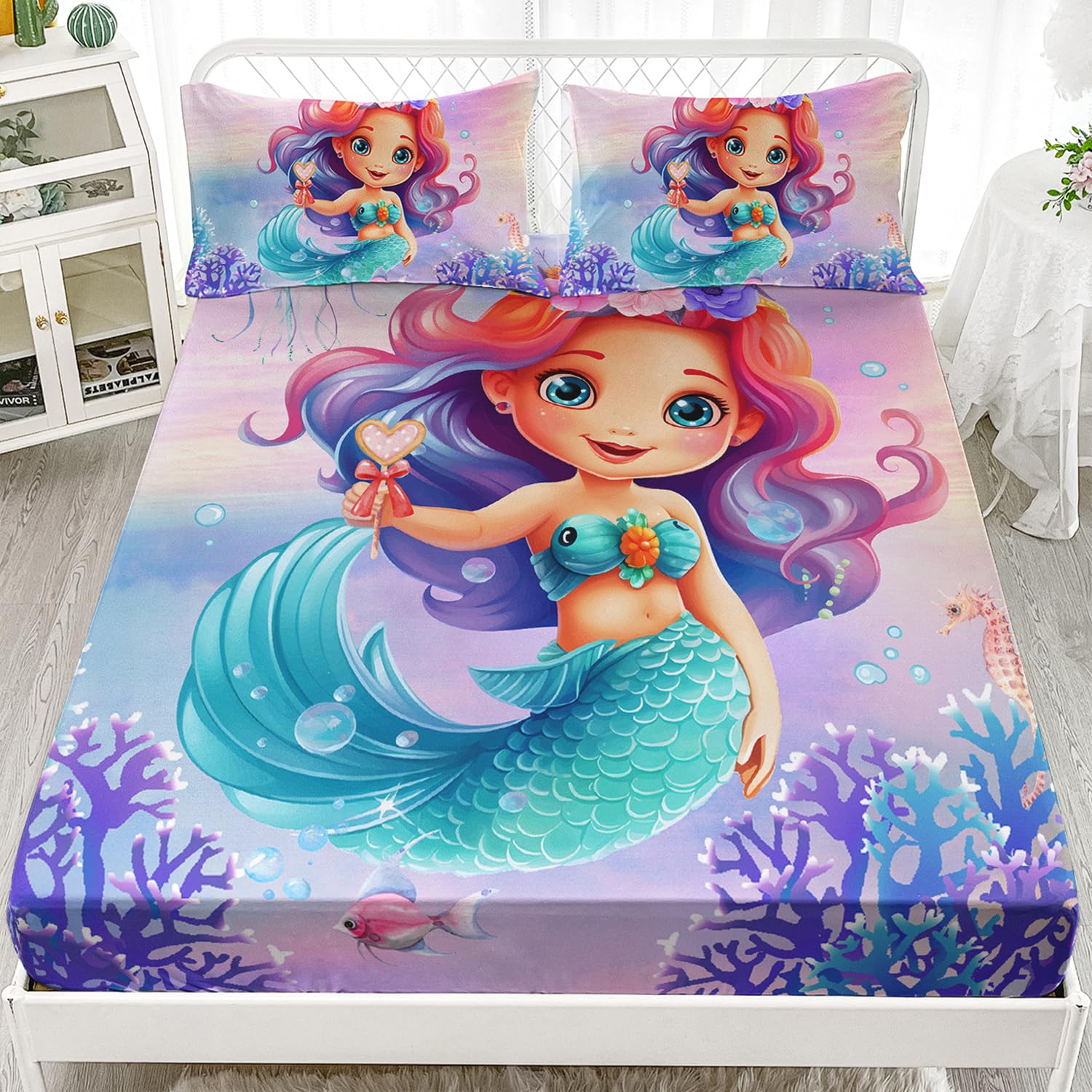 Amazon.com: AILONEN Little Mermaids Fitted Sheet Twin Size, Cute ...