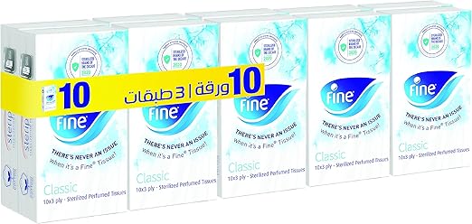 Fine Classic Facial Pocket Tissues, 3 Ply, Pack of 10 x 10 Sheets, Good ...