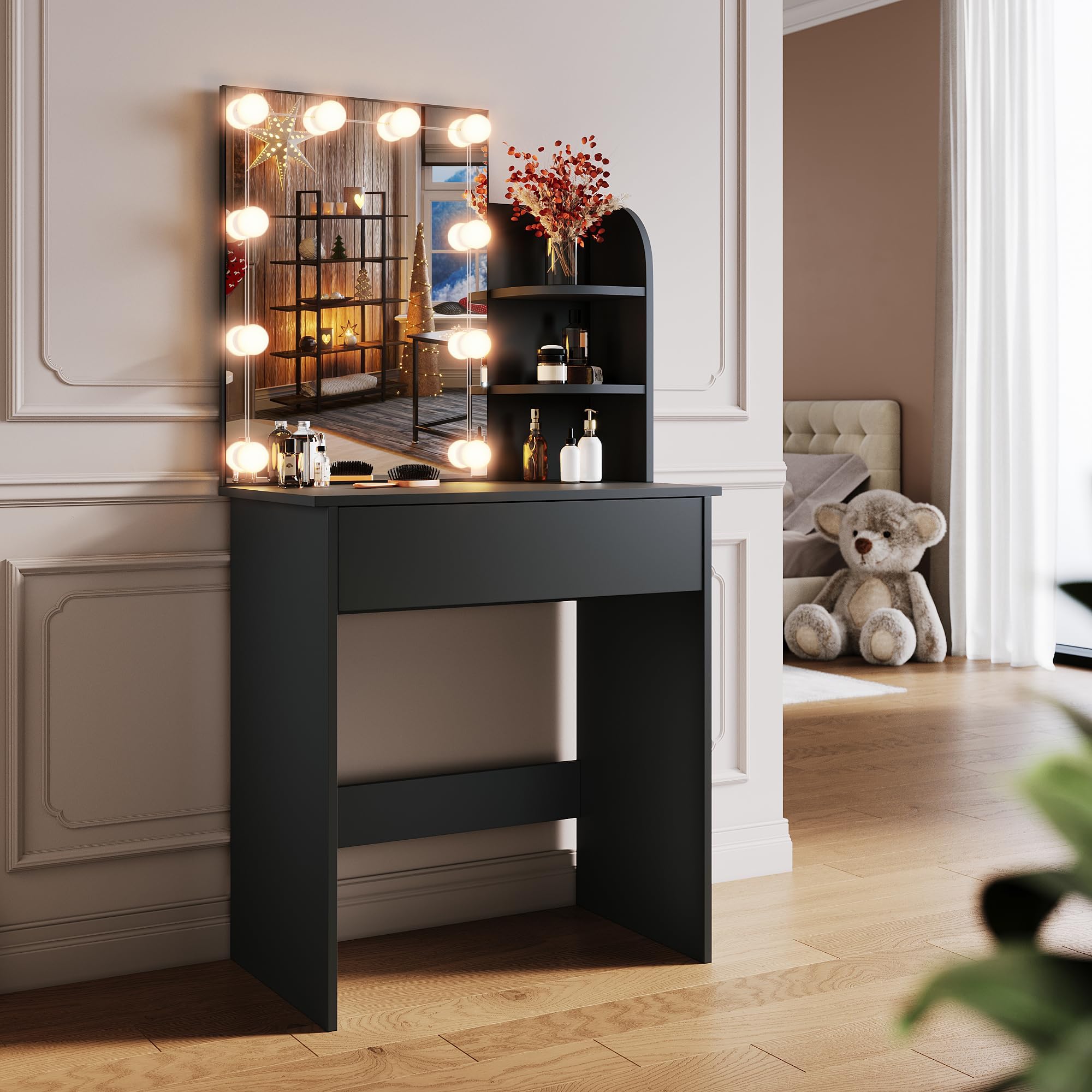 VASAGLE Schminktisch mit LED-Beleuchtung, 3 Farben mit Einstellbarer ...