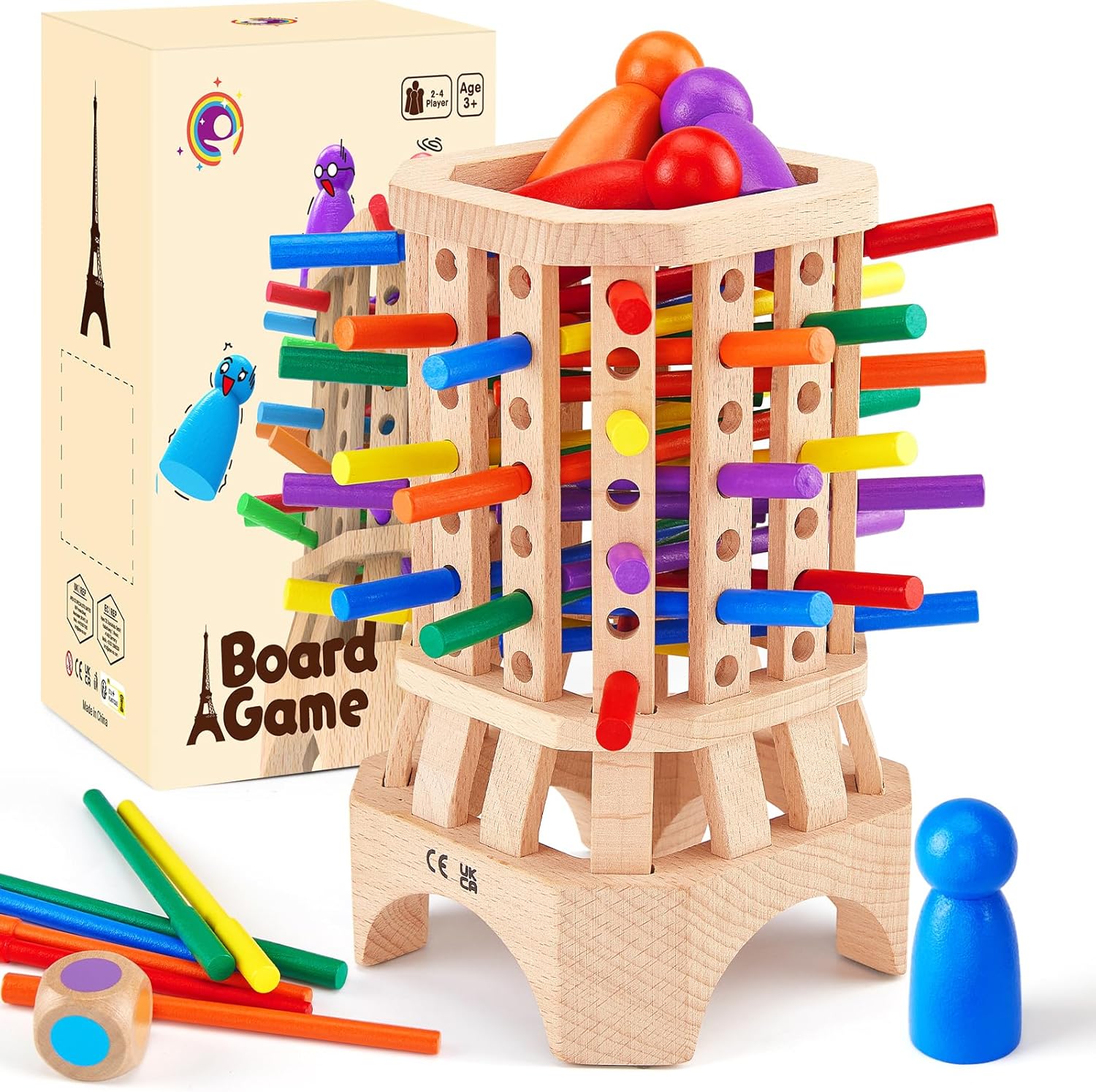 Montessori Spiel Brettspiel aus Holz, Eiffelturm Würfelspiel mit Stäben ...