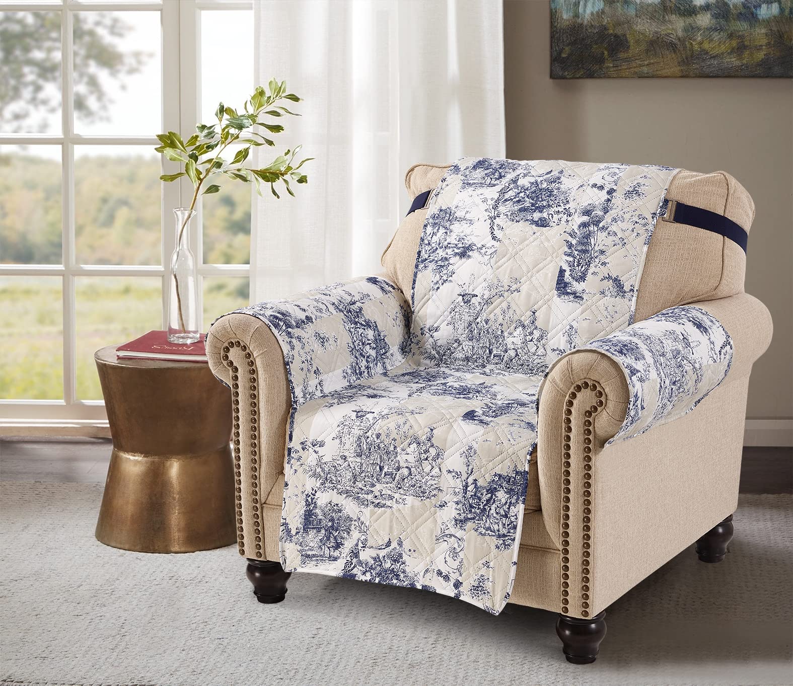 Amazon.com: Brilliant Sunshine Blue Toile Quilted Chair Slipcover, 23 ...