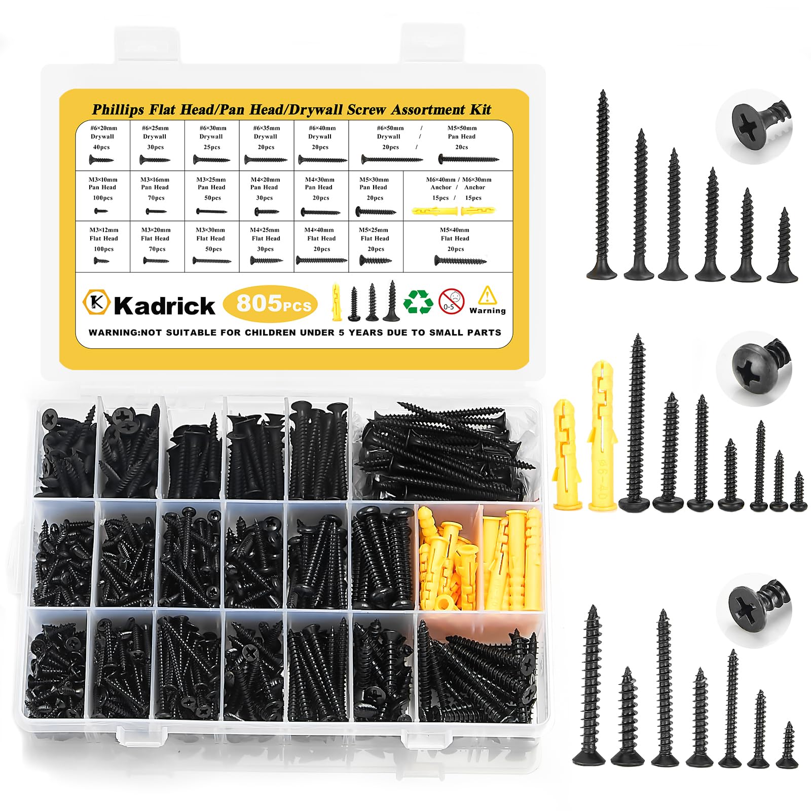 Snapklik.com : Kadrick 805 Pcs High Hardness Black Screws Assortment ...