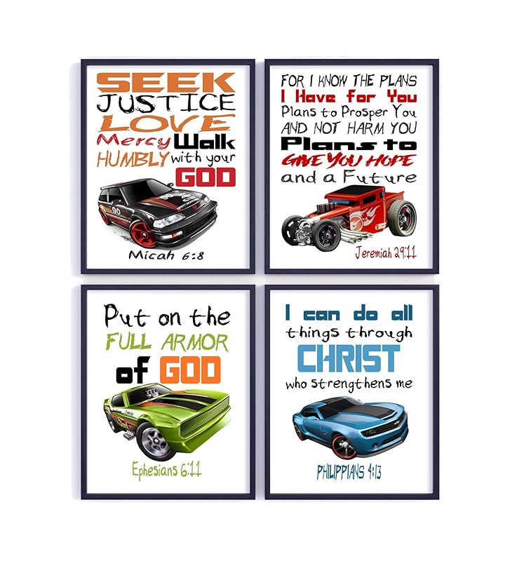 Amazon.com: Hot Wheels Muscle Cars Christian Nursery Set of 4 Unframed ...