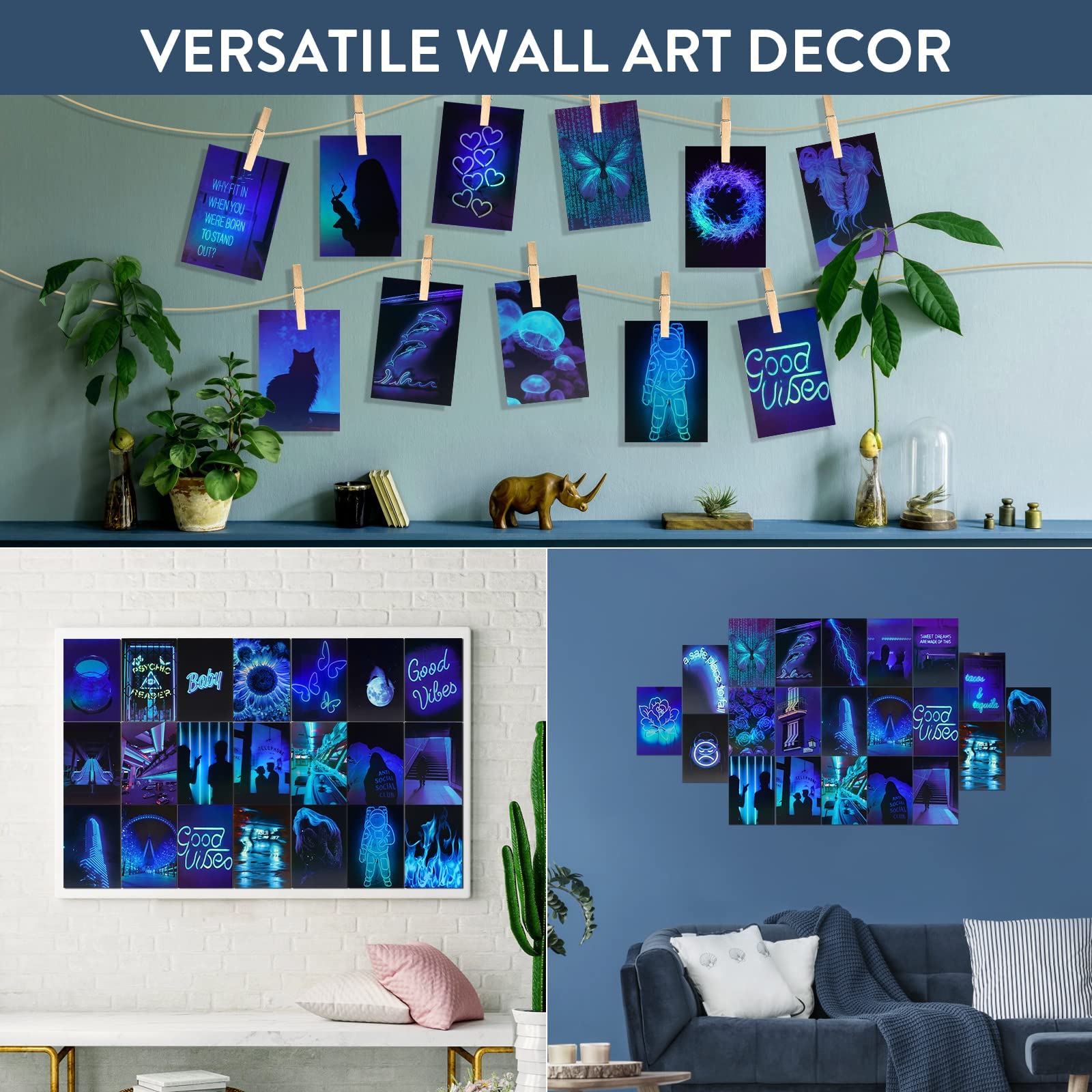 Blue Neon Wall Collage Kit Aesthetic Pictures, Bedroom Decor for Teen ...