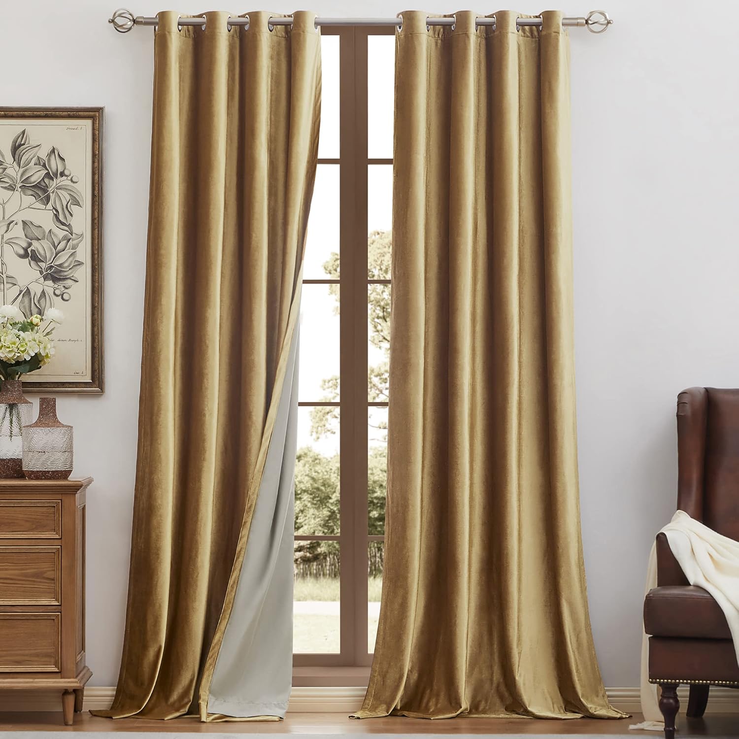 Amazon.com: BULBUL 100% Blackout Velvet Window Curtains Gold 108 inch ...
