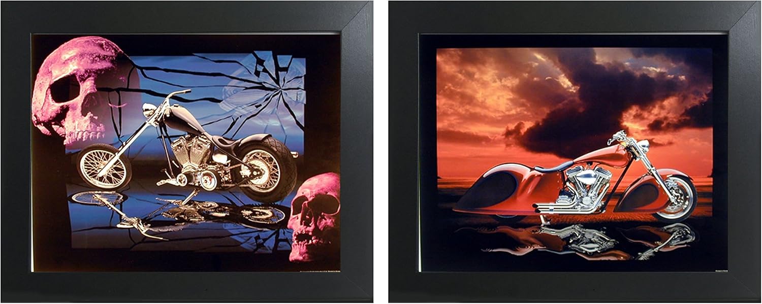Amazon.com: Skulls and Black Motorcycle Picture 16x20 Two Set Framed ...
