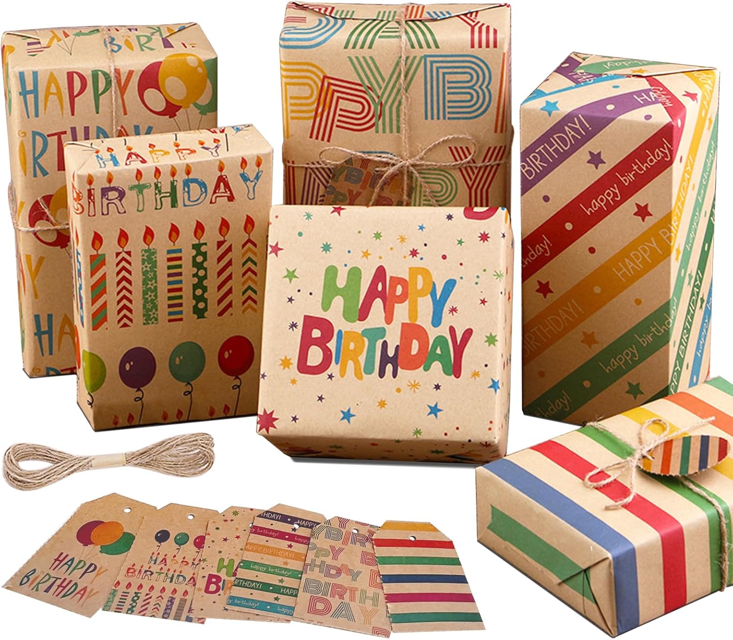 Jatidne Birthday Wrapping Paper Sheets with Tags for Kids Retro Kraft ...