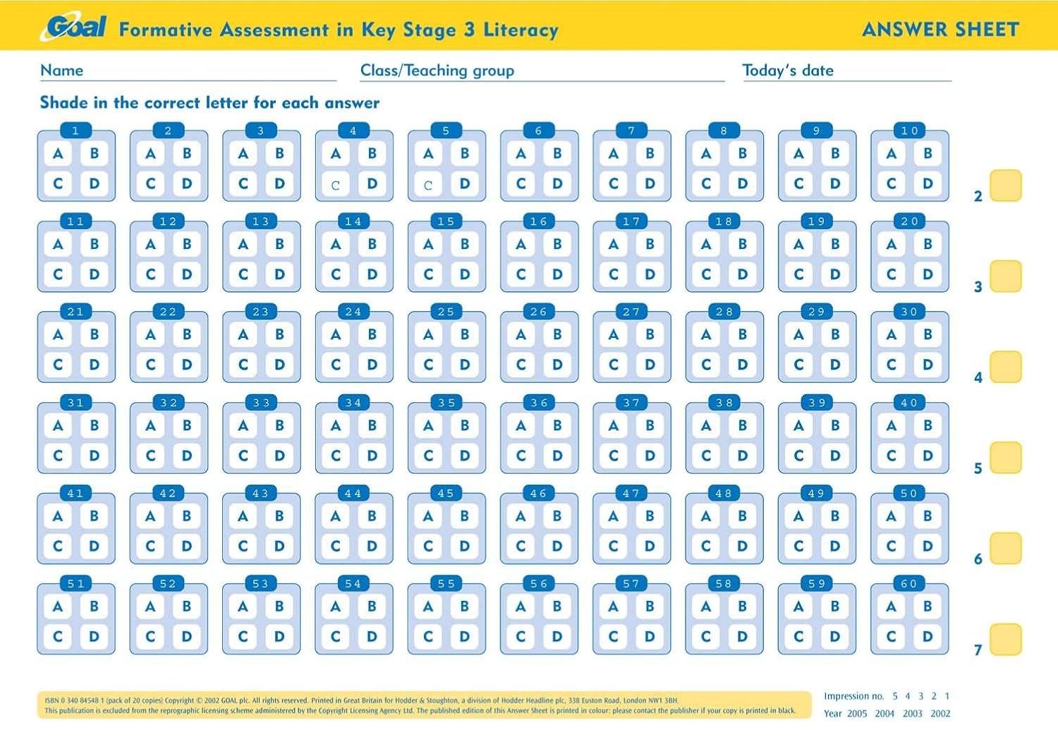 Answer sheet pack of 20 (GOAL formative assessment in Key Stage 3 ...