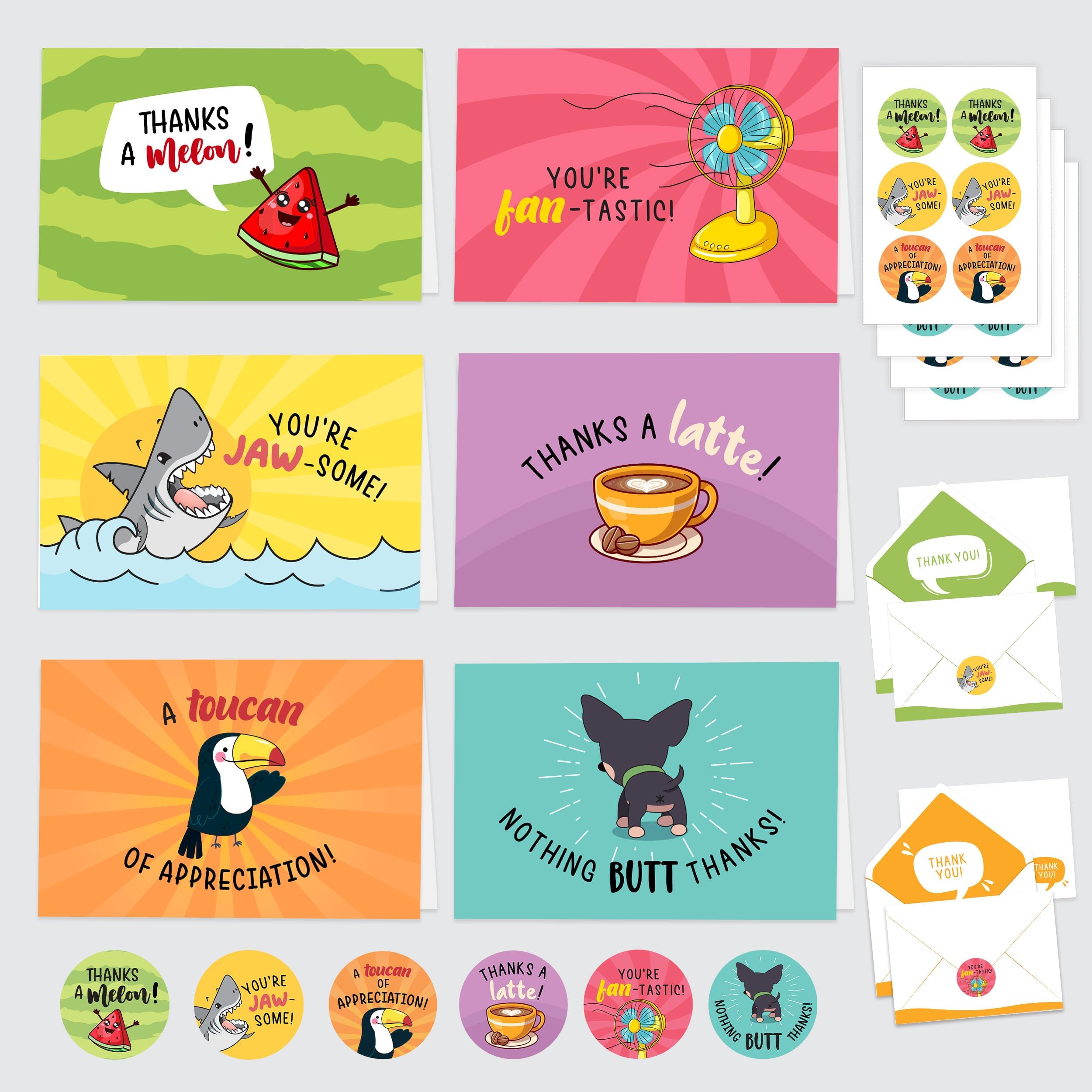 24 Funny Thank You Cards with Envelopes & Stickers - 6 Designs Blank ...