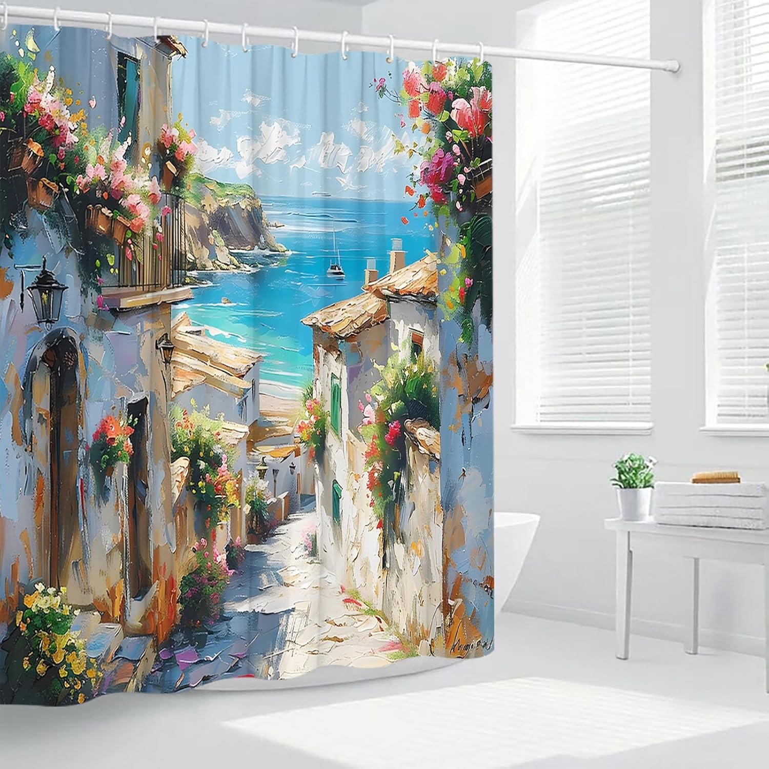 Amazon.com: Greece Shower Curtain Summer Blue Aegean Ocean ...