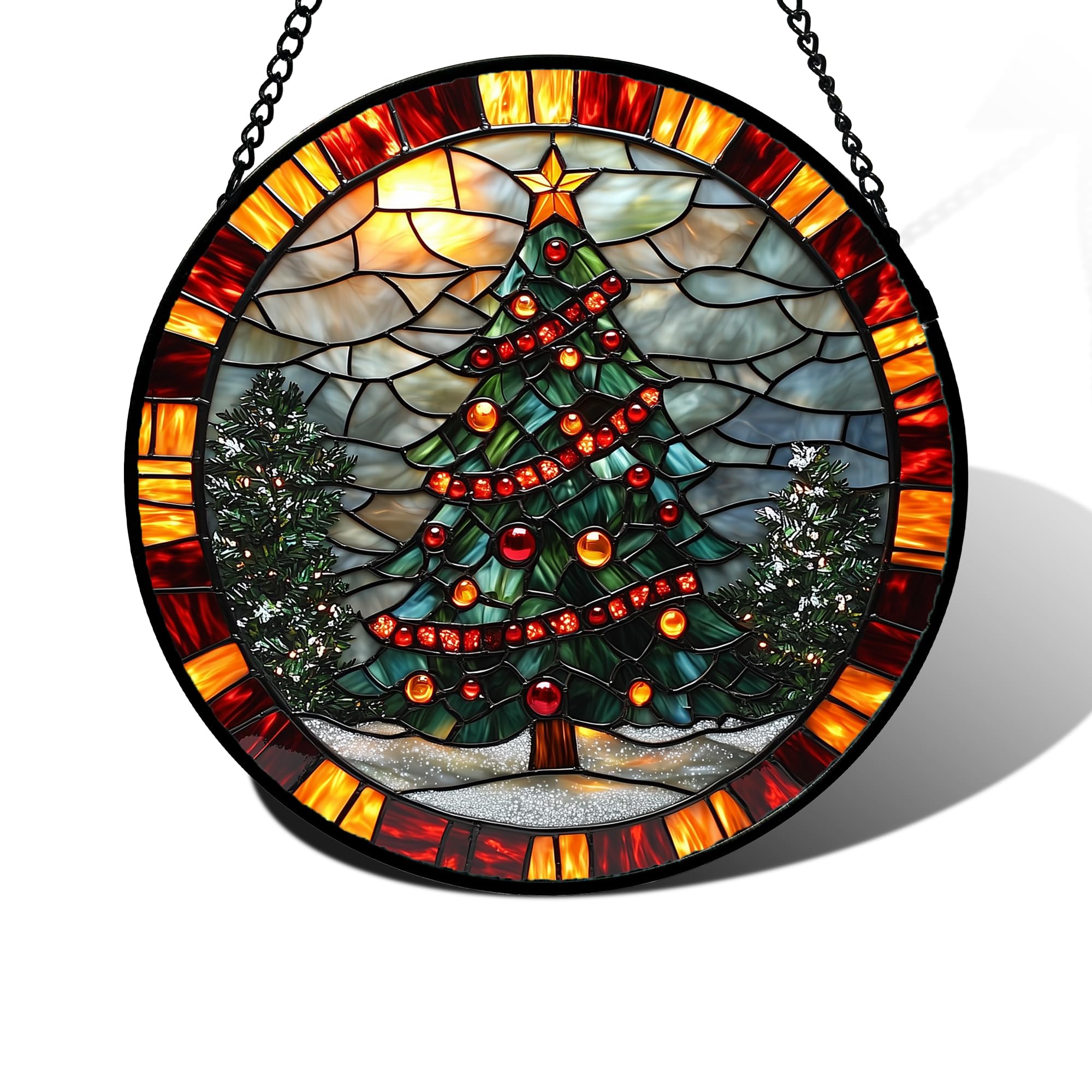 Amazon.com: DASTOLL Stained Glass Window Hanging - Winter Christmas Tree Suncatcher Ready to ...