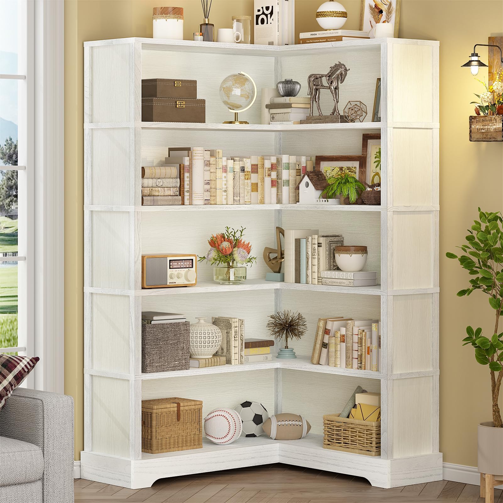 Amazon.com: TVU 65 Inch Wood Corner Bookcase, 5-Shelf Tall Bookshelf ...