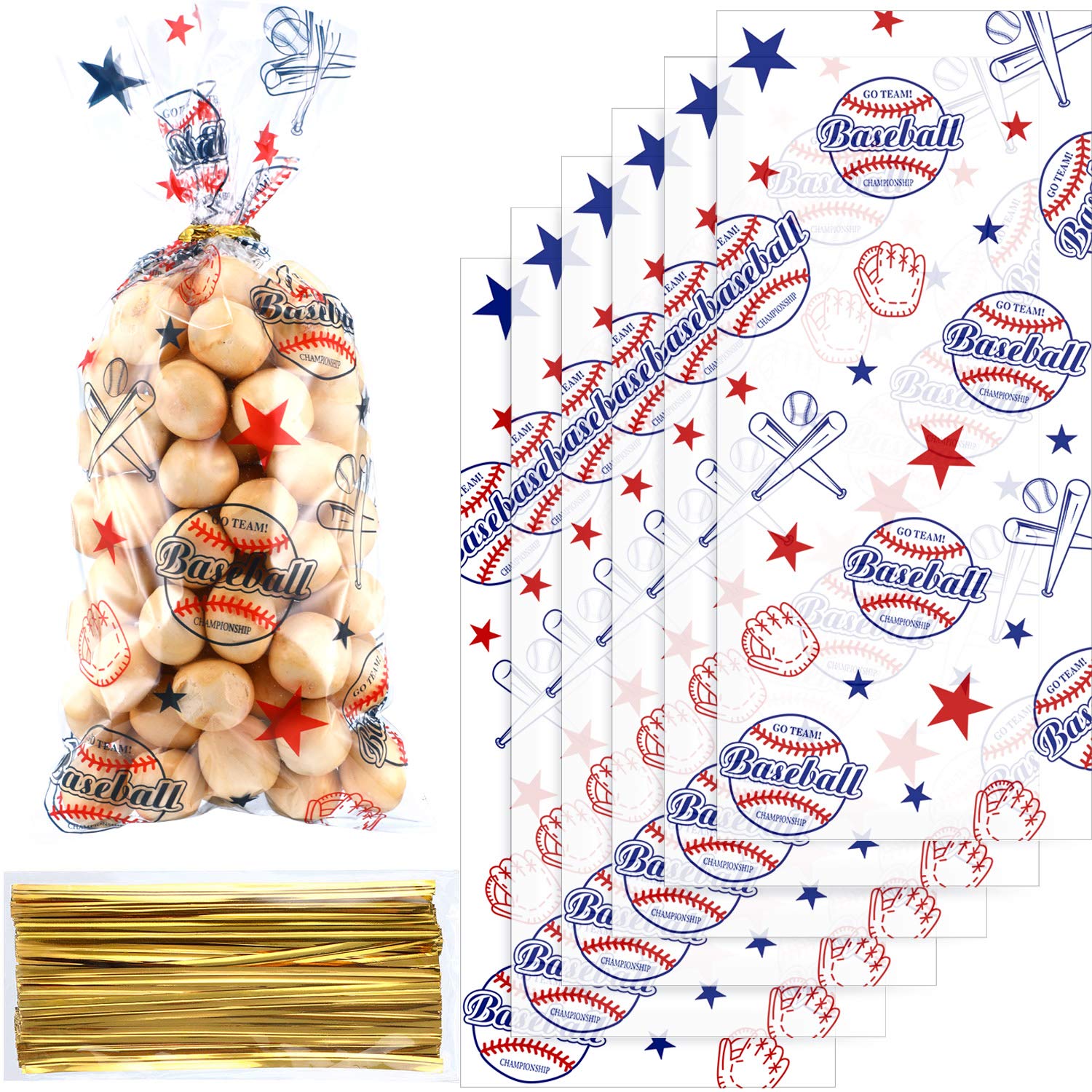 Amazon.com: Chuangdi 100 Pack Cello Baseball Party Snack Bags ...