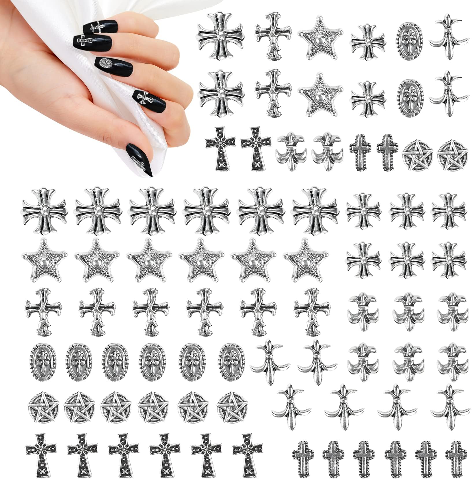 Amazon.com: Cross Nail Art Charms 3D Vintage Silver Metal Chrome Punk ...
