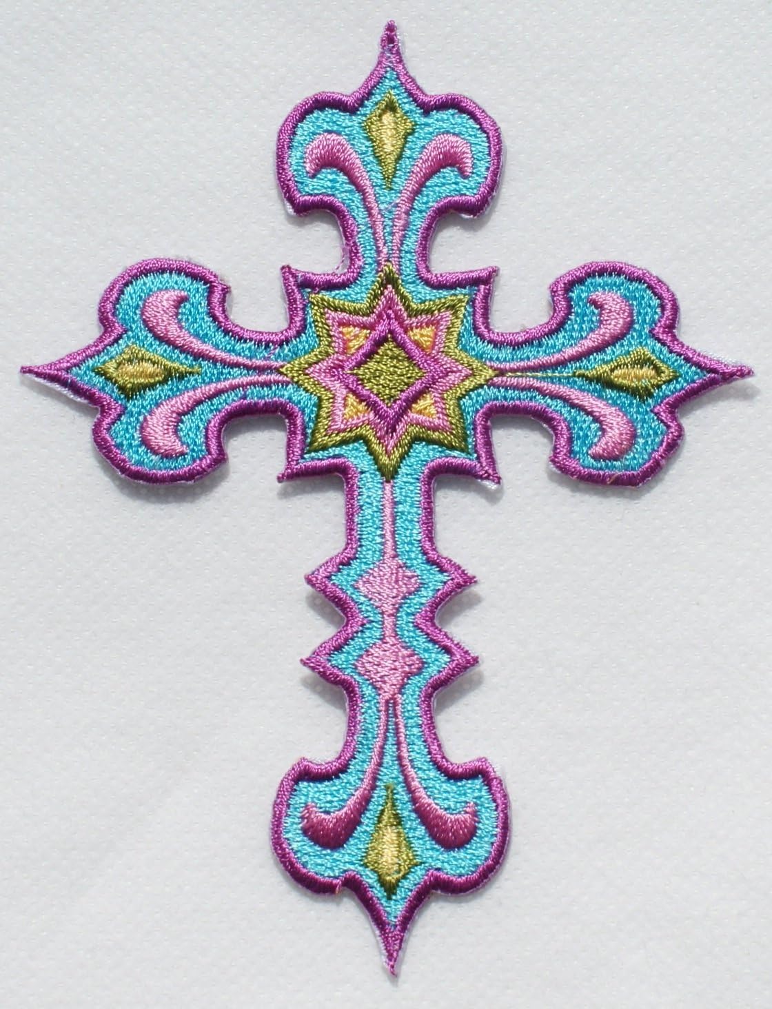 Multi-Colour Vintage Christian Cross (HQ) Iron on Sew on Embroidered ...