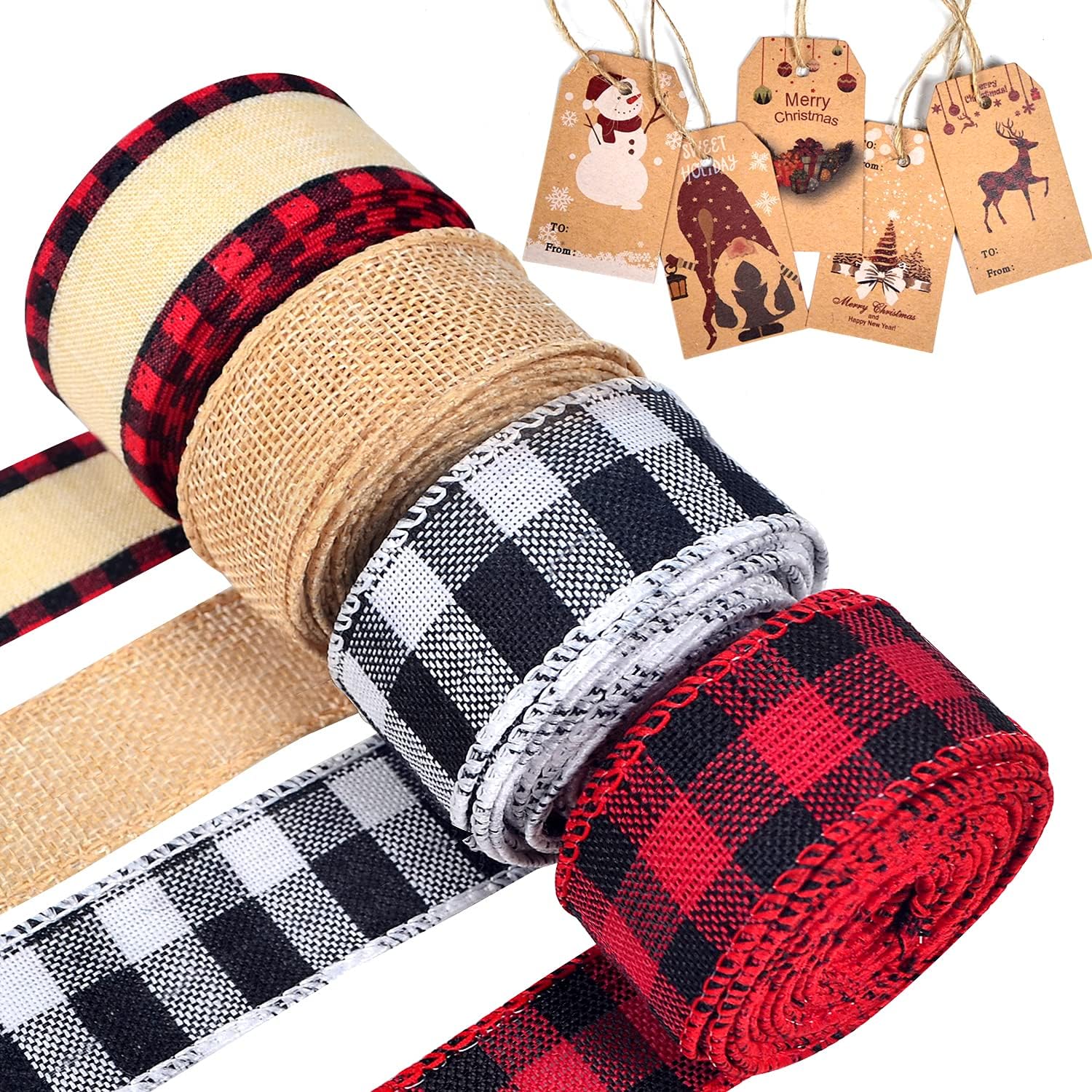 4 Rolls Christmas Wired Edge Ribbons(1 Inches) with 20 Tags, Burlap ...