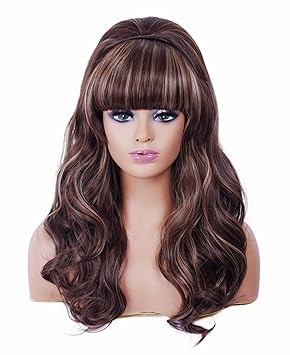 Amazon.com: Rugelyss Long Brown Mixed Wig with Bang Retro Bouffant ...