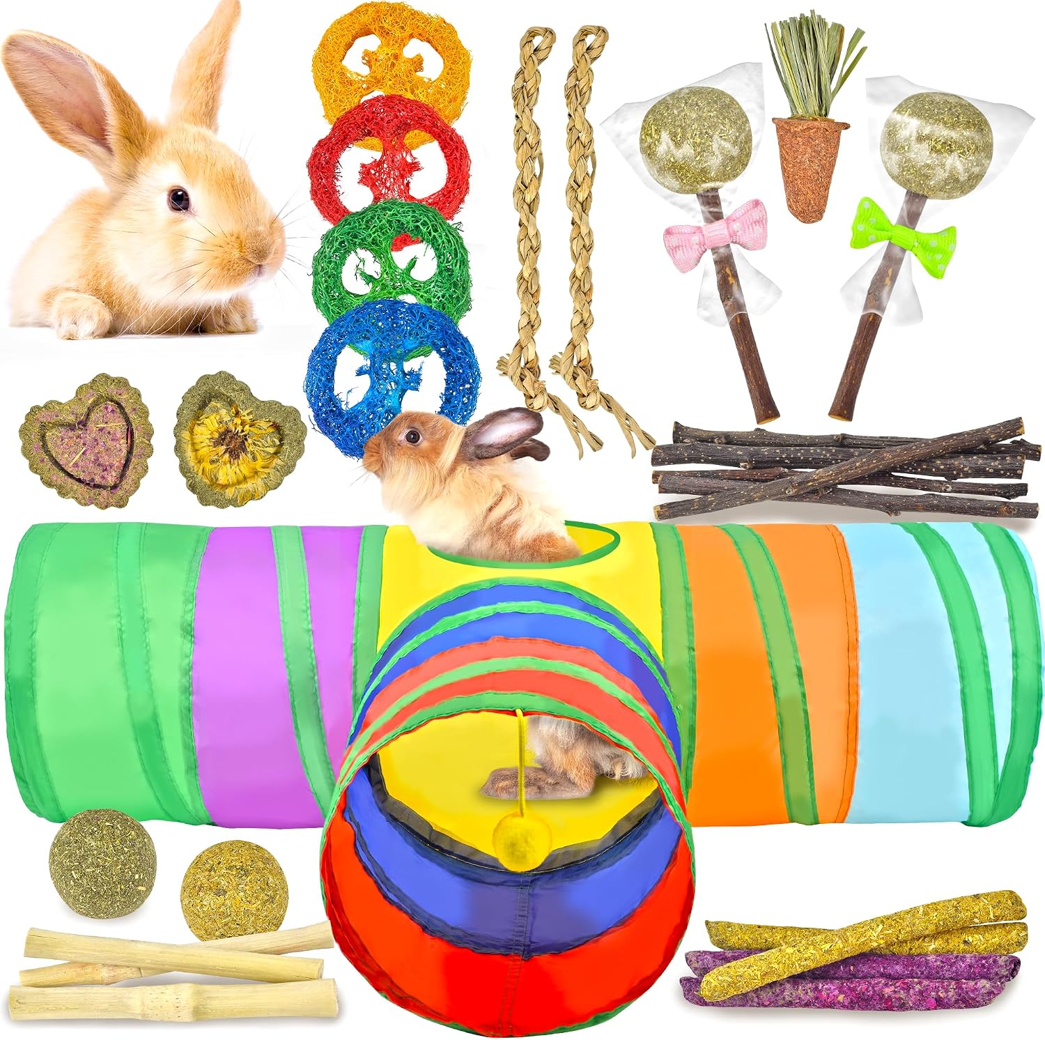 Ousiya 26-in-1 Natural Rabbit Toys with Rabbit Tunnel Set, Various Chew ...