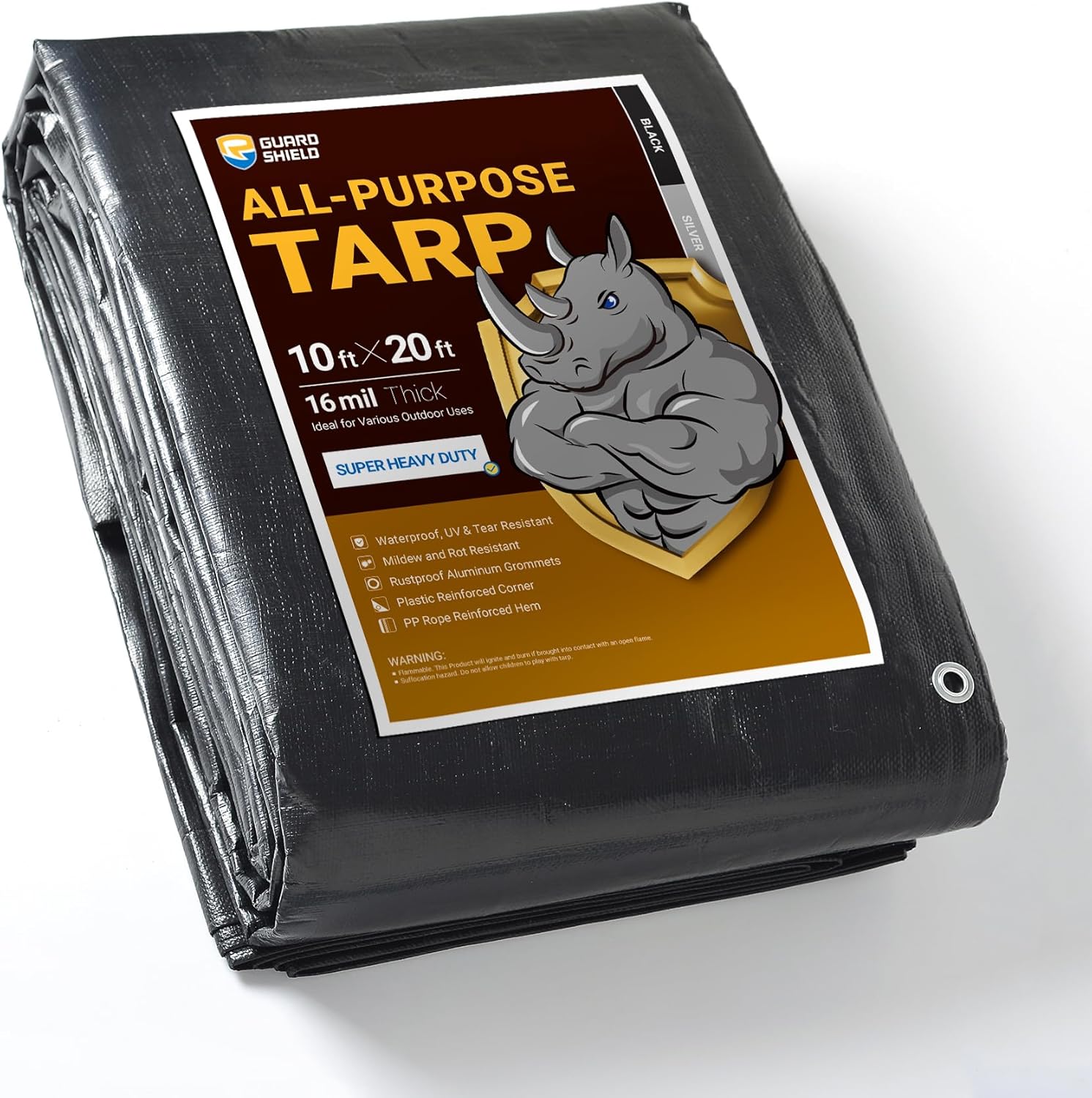 GUARD SHIELD Super Heavy Duty Black/Silver Ploy Tarp Cover 10x20 Feet ...