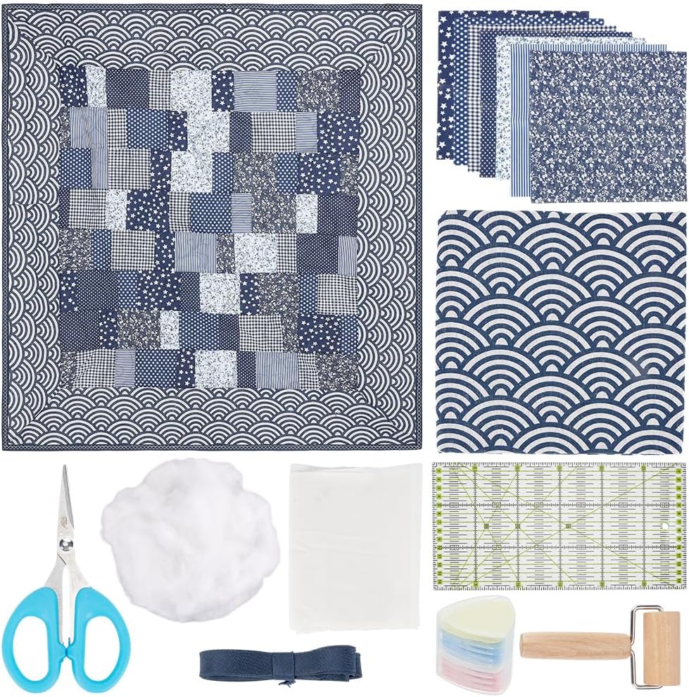 PLIGREAT DIY Quilt Kit for Beginners Blue Fabric Pre-Cut Patchwork Set ...