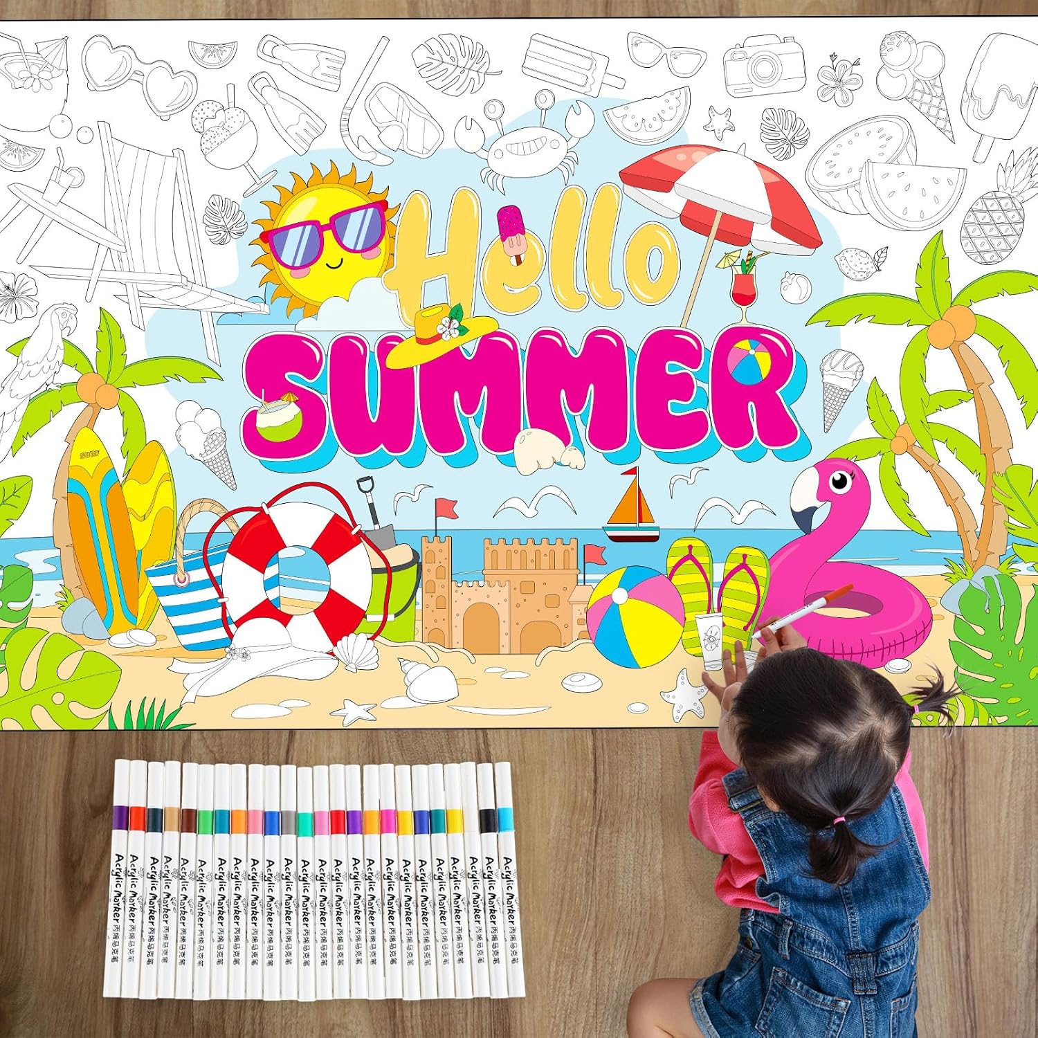 Amazon.com: Faccito Summer Coloring Poster with 24 Watercolor Markers ...